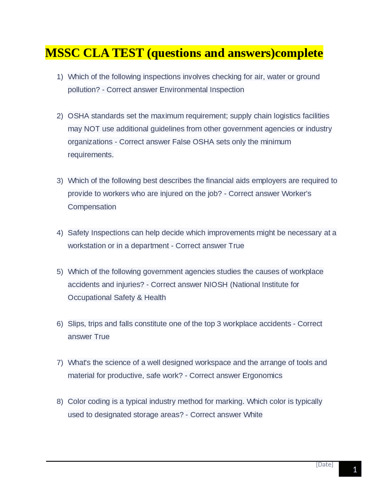 MSSC CLA TEST (questions and answers)complete | Exams Classical and ...