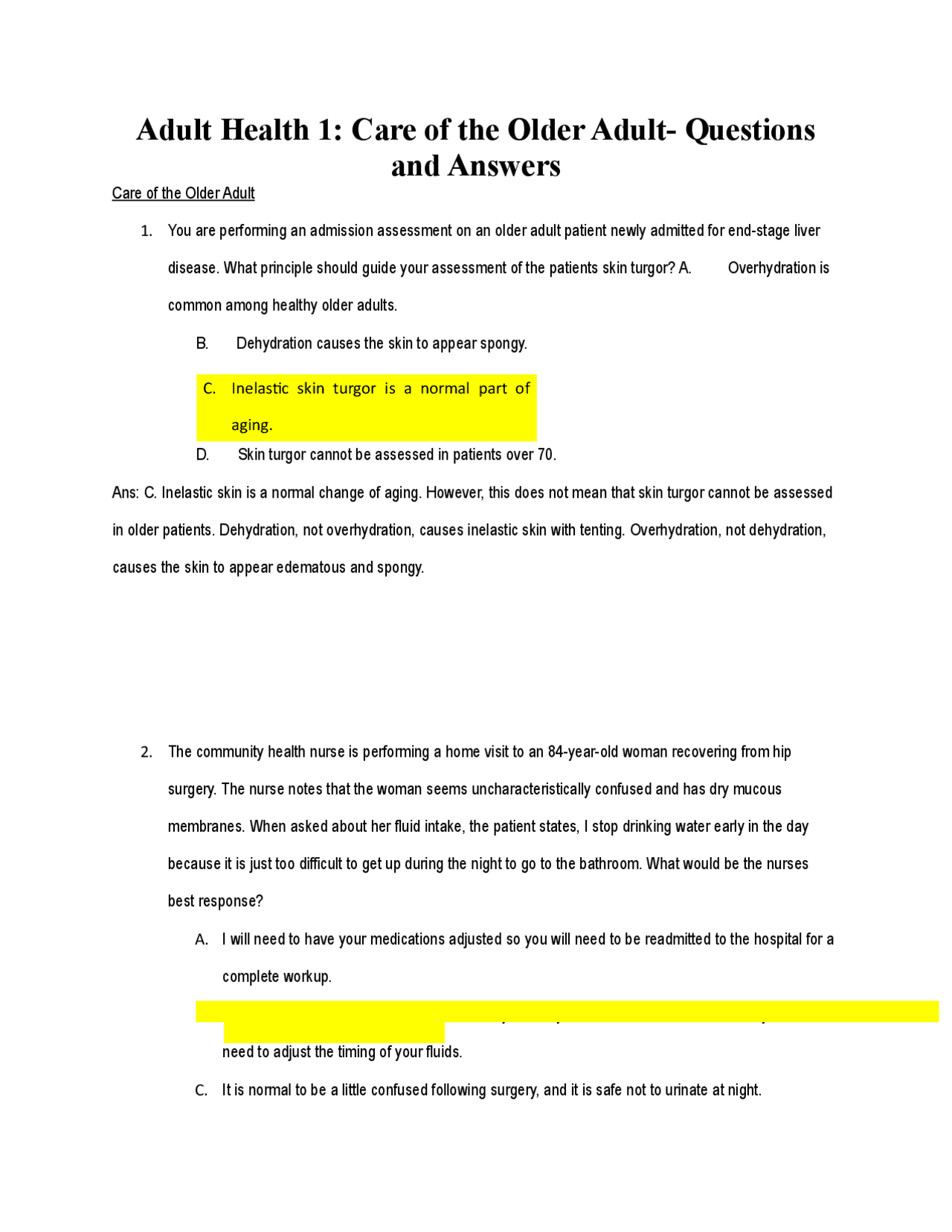Adult Health 1: Care of the Older Adult- Questions and Answers | Exams ...