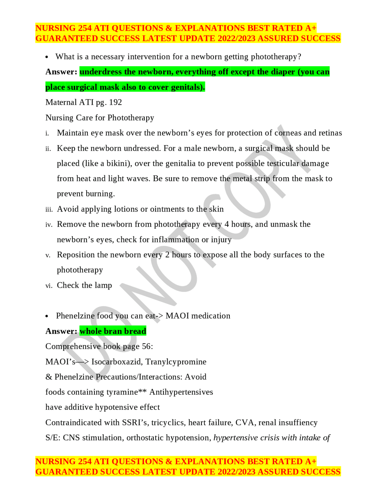 Nursing 254 ATI Questions and Explanations | Exams Nursing | Docsity
