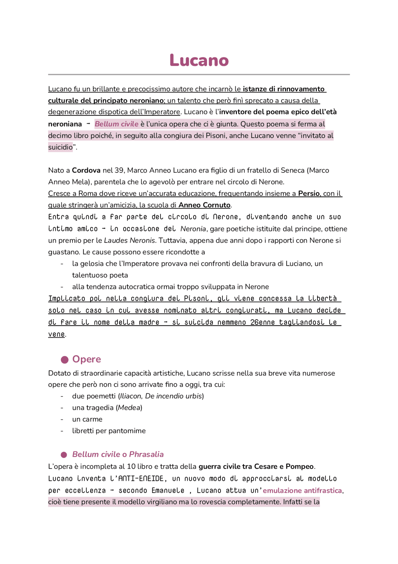 Lucano e il Bellum Civile | Appunti di Latino | Docsity