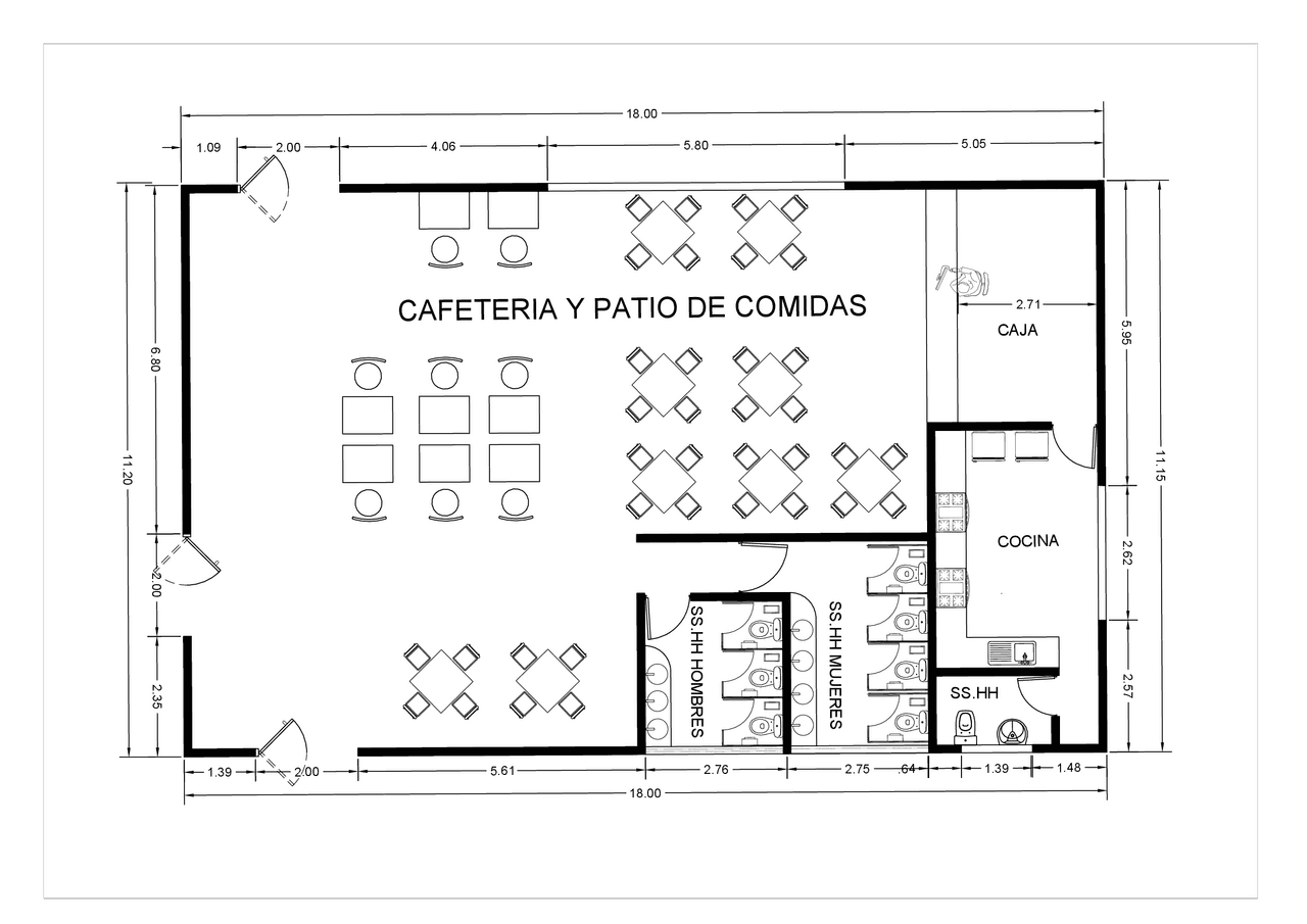 Planos arquitectónicos de una cafetería y restaurante con juegos ...