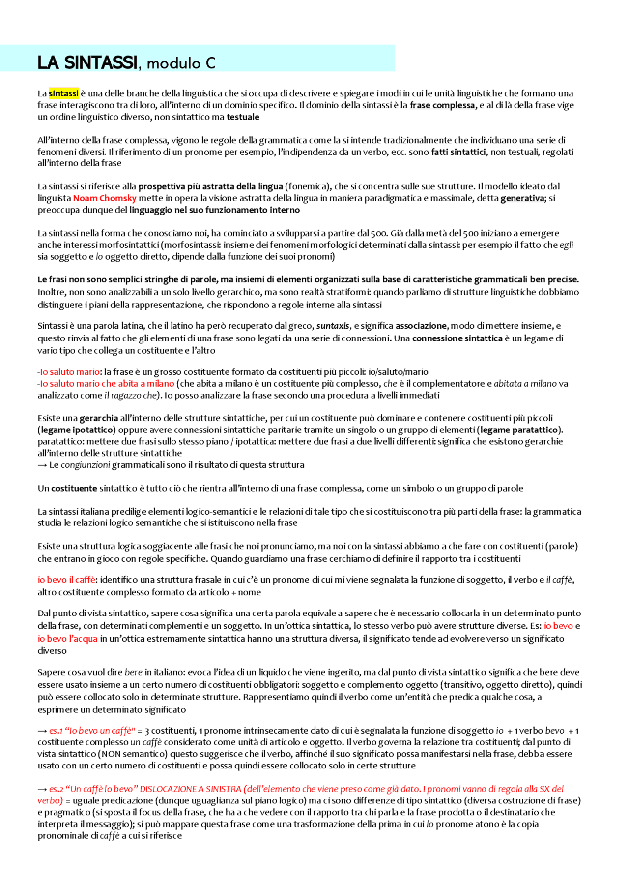 SINTASSI, modulo C di linguistica | Appunti di Linguistica | Docsity