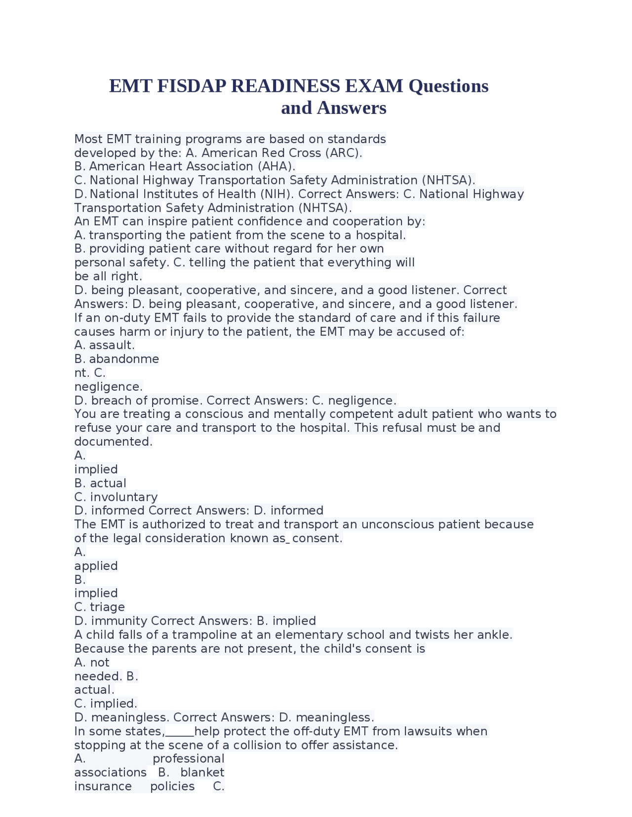 EMT FISDAP READINESS EXAM Questions And Answers Updated 2023 Graded A + | Exams Nursing | Docsity