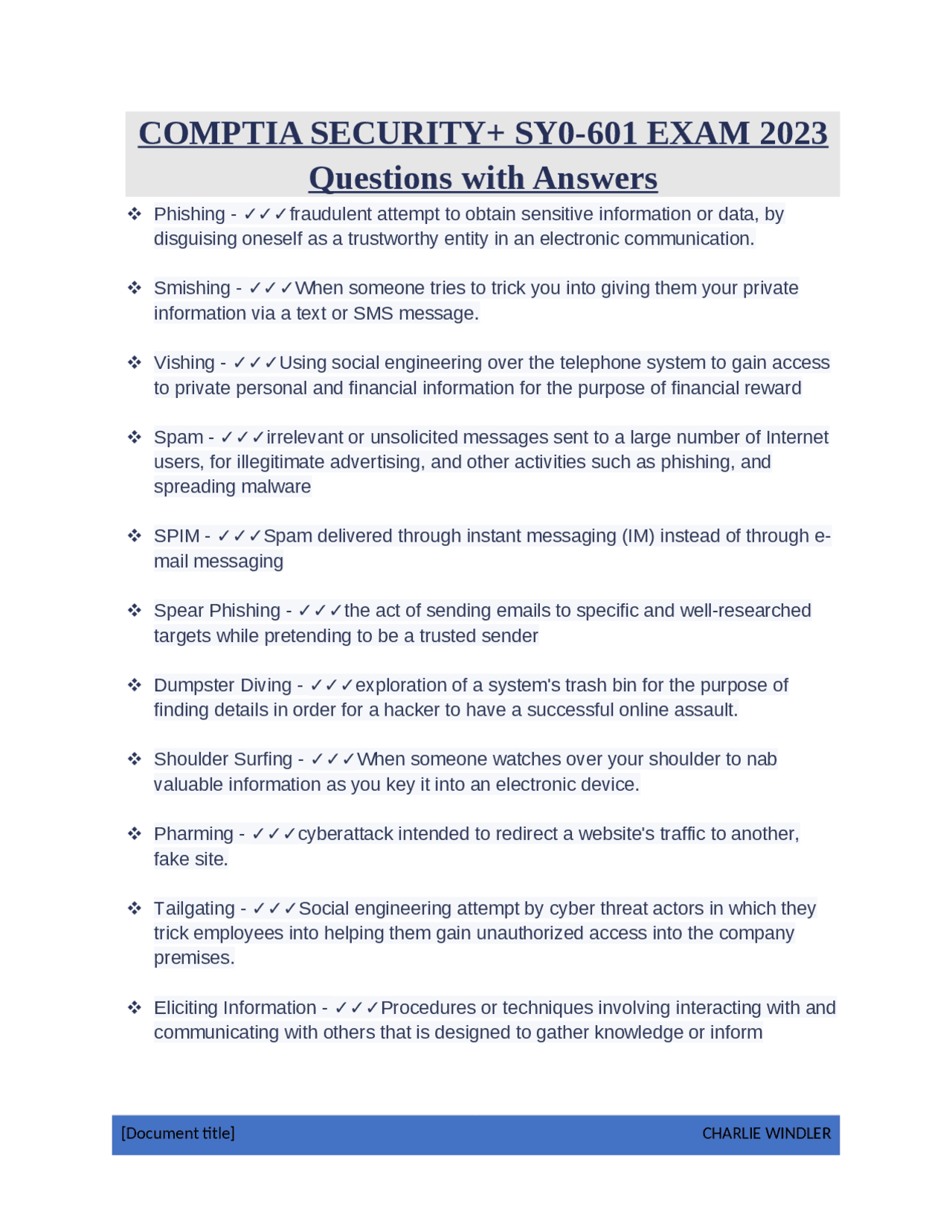 COMPTIA SECURITY+ SY0-601 EXAM 2023 Questions with Answers | Exams ...