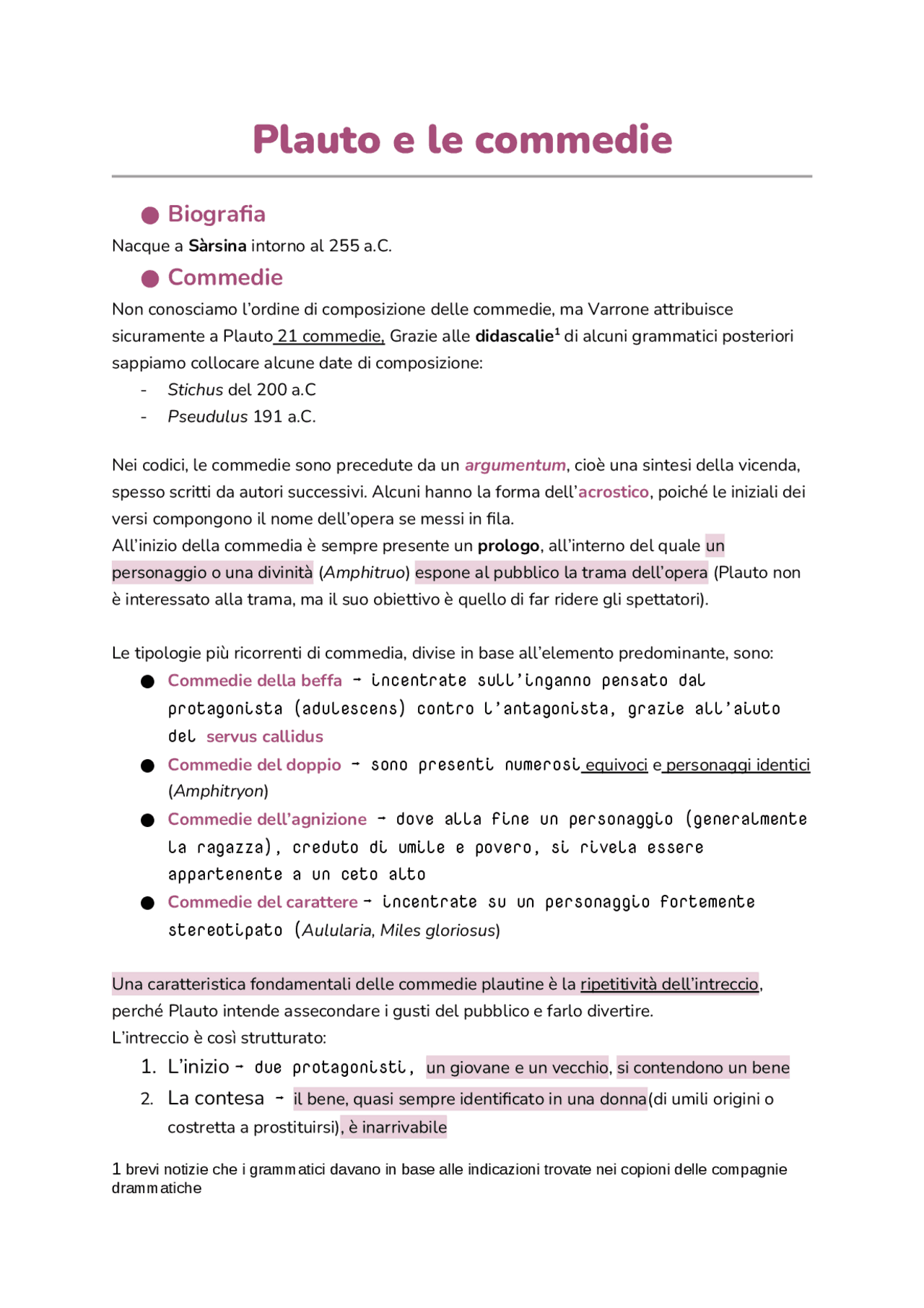 Plauto - commedie e importanza letteraria | Appunti di Latino | Docsity