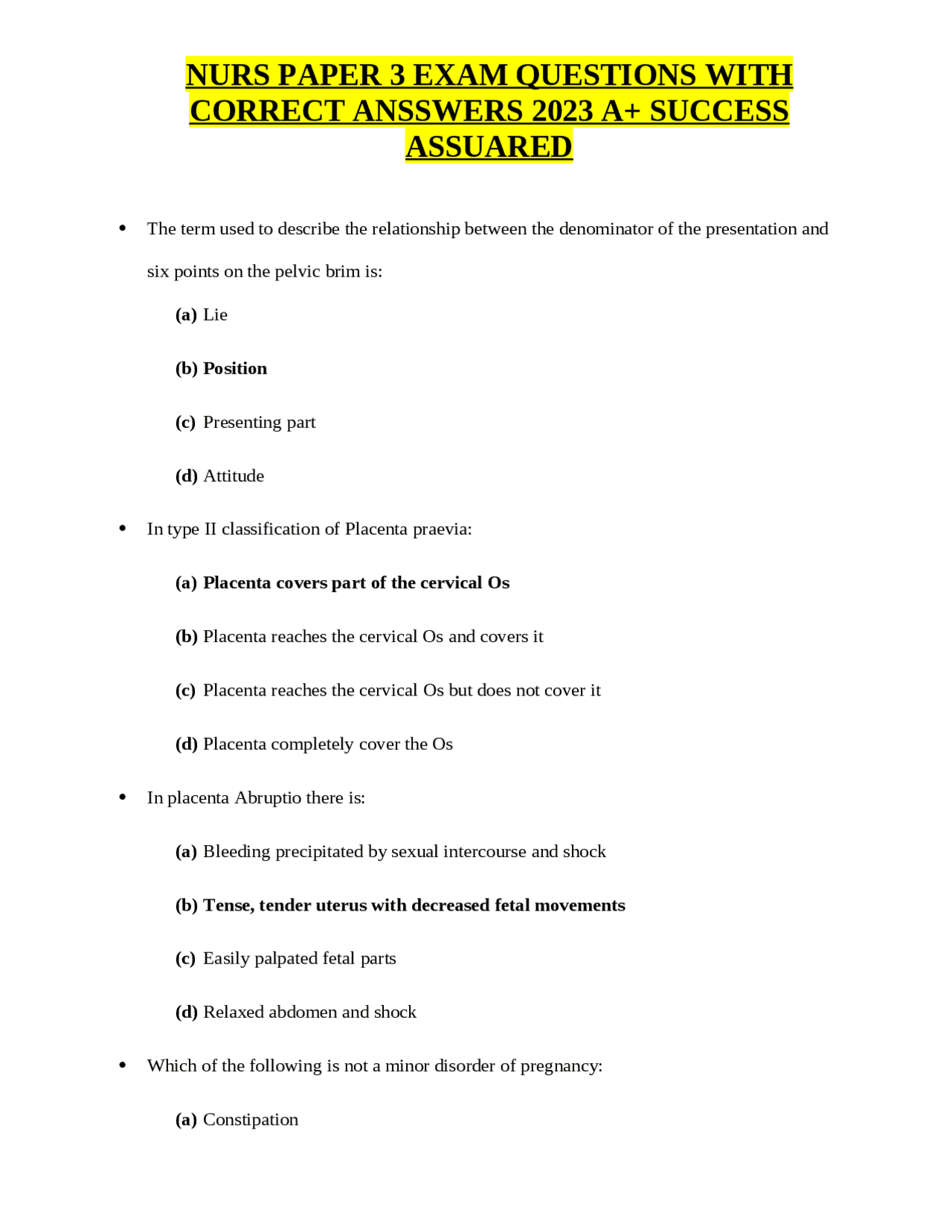 Nurs Paper 3 Exam Questions With Correct Ansswers 2023 A Success