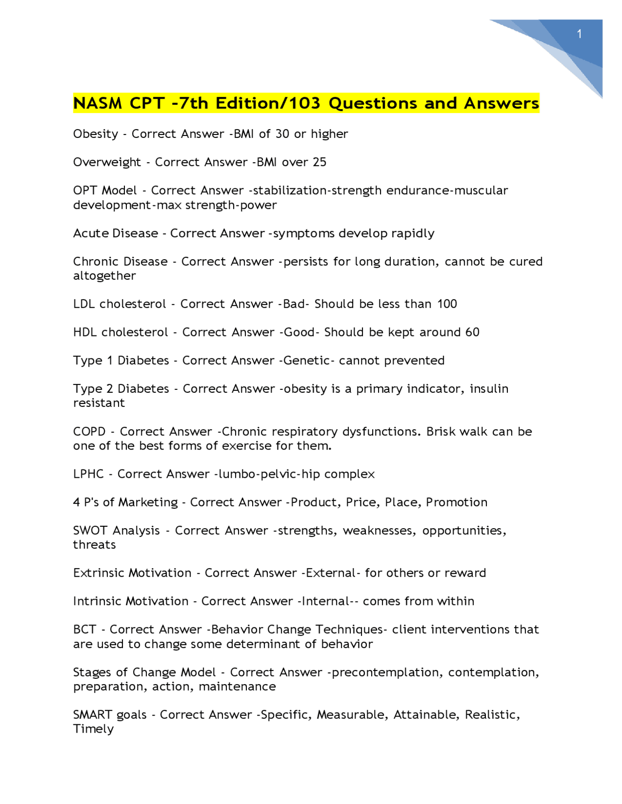 NASM CPT and Anatomy Review | Exams Nursing | Docsity