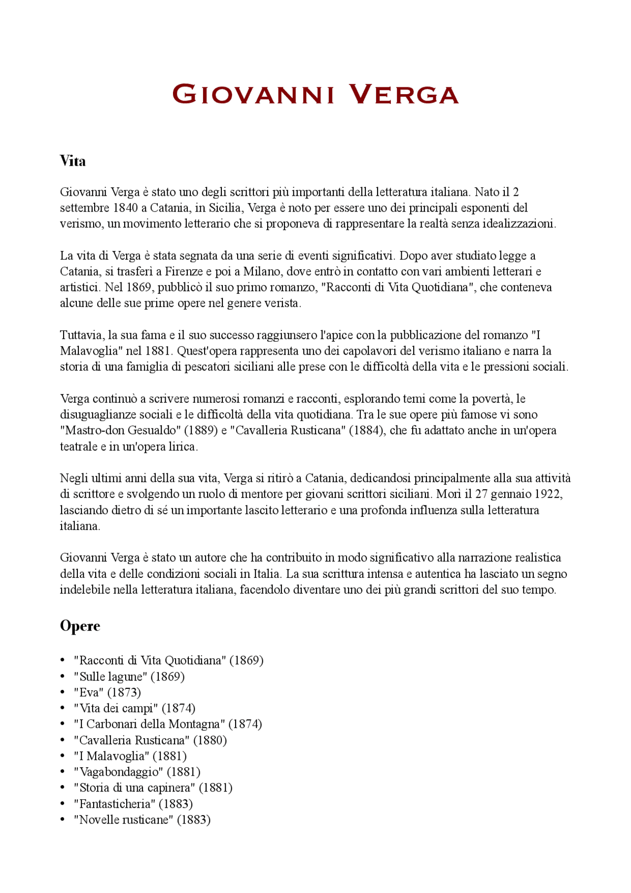 Giovanni Verga - Vita e Opere in breve | Schemi e mappe concettuali di Italiano | Docsity