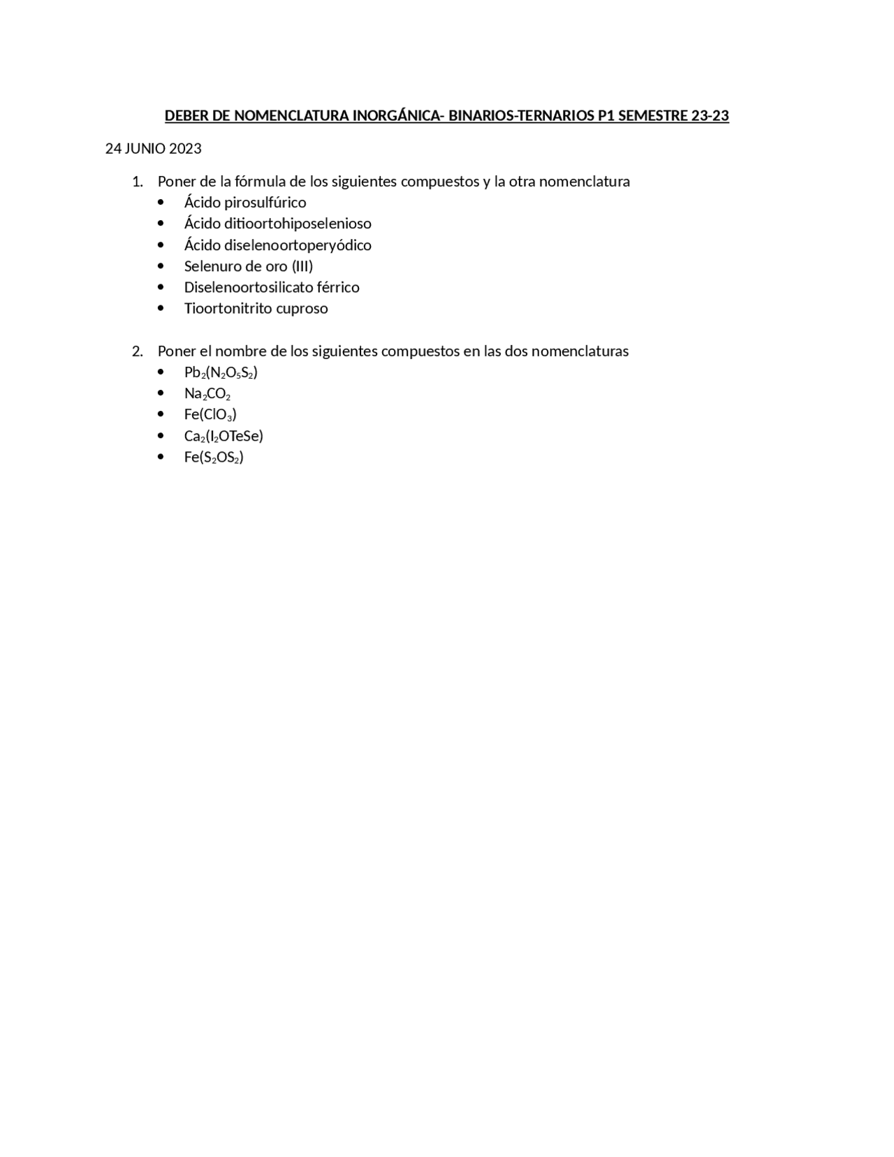 Nomenclatura inorgánica ejercicios | Ejercicios de Química | Docsity