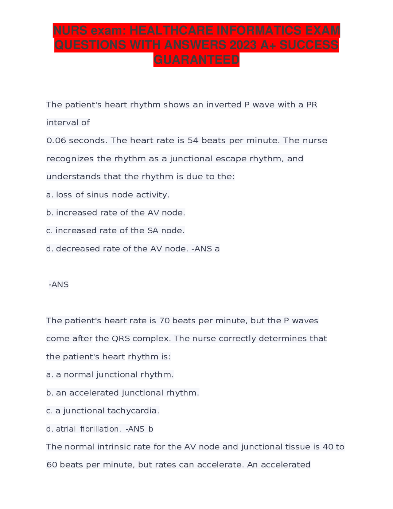 Nurs Exam Healthcare Informatics Exam Questions With Answers 2023 A