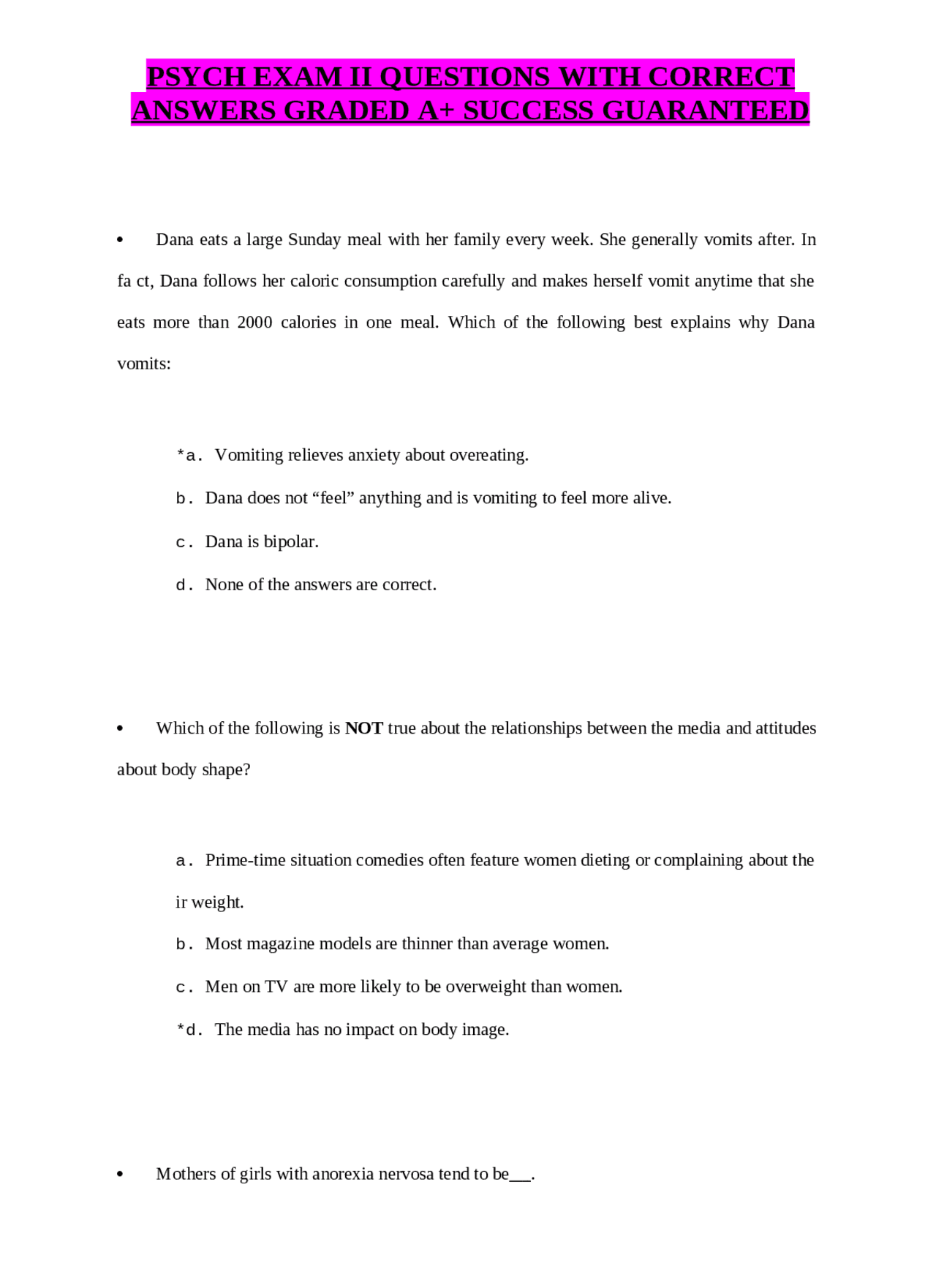 Psych Exam Ii Questions With Correct Answers Graded A Success