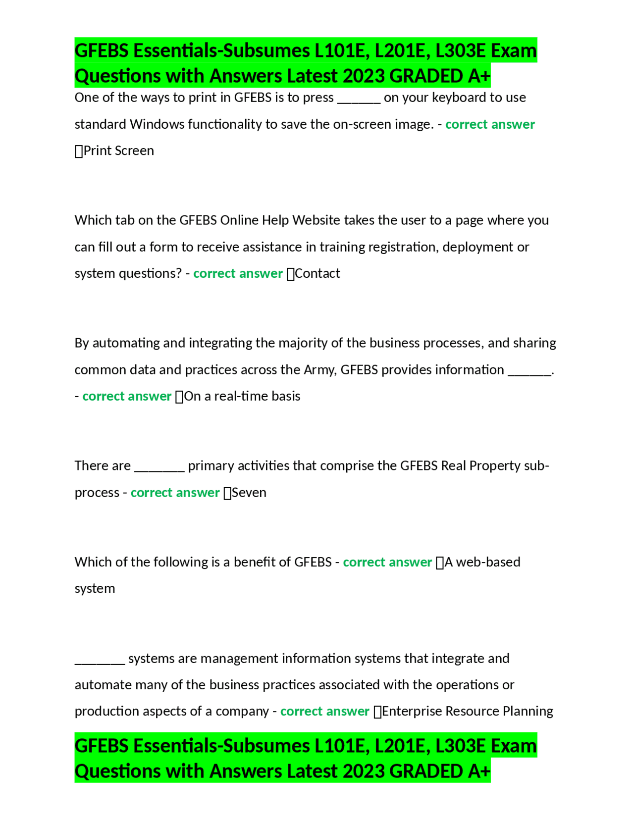 GFEBS Essentials-Subsumes L101E, L201E, L303E Exam Questions with ...