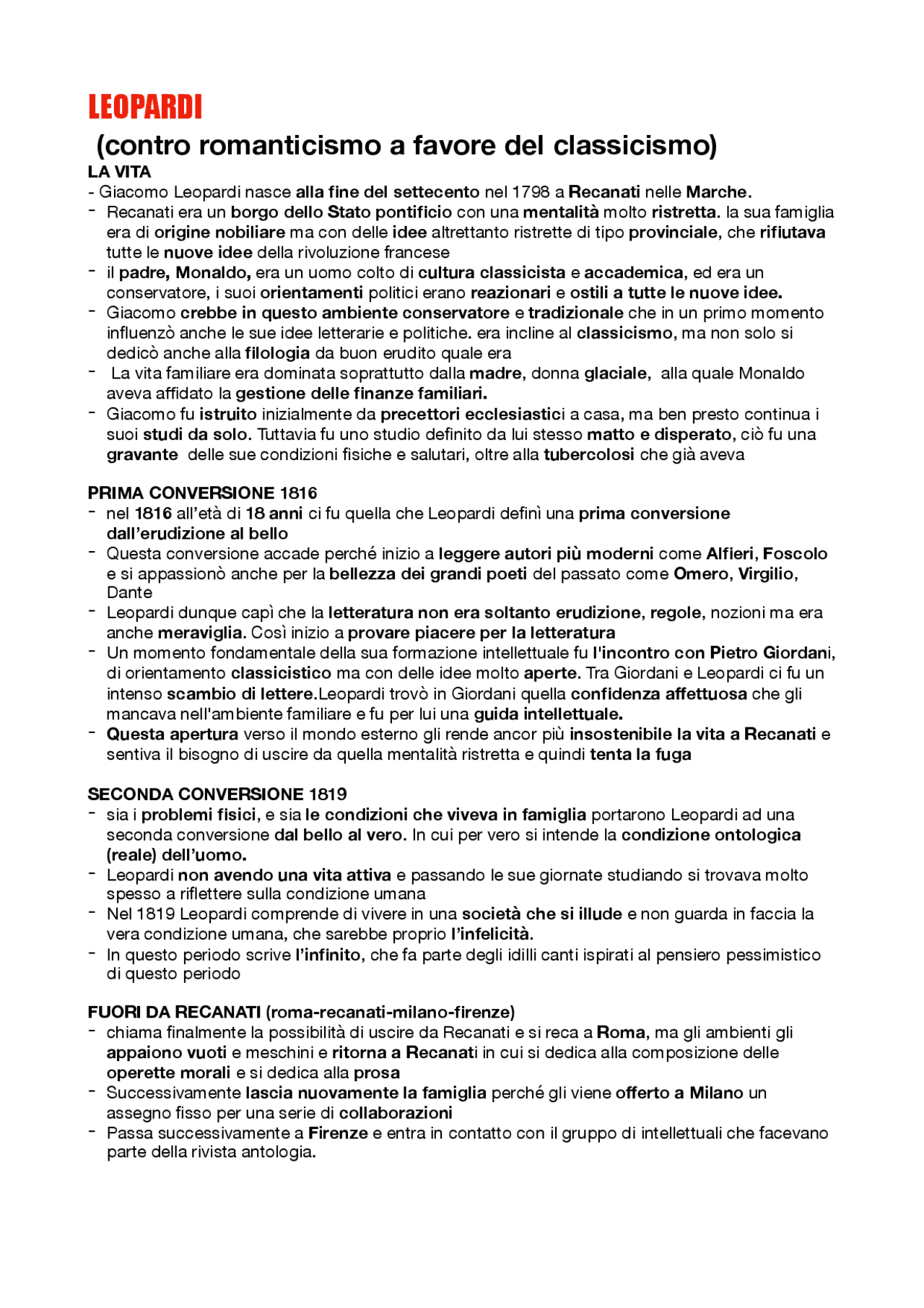 Leopardi Vita E Opere Lecture Notes Italian Docsity