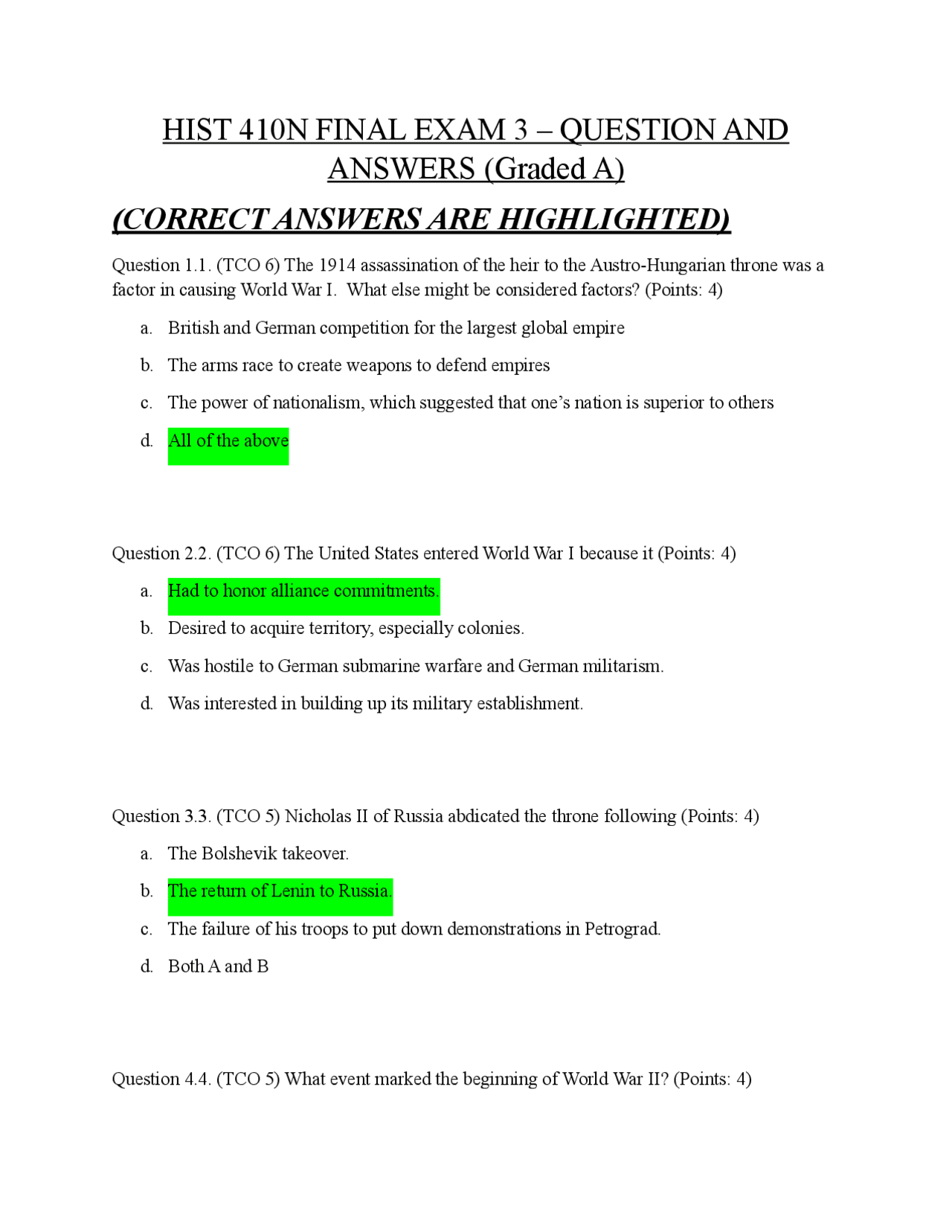 HIST 410N FINAL EXAM 3 – QUESTION AND ANSWERS (Graded A) | Exams ...