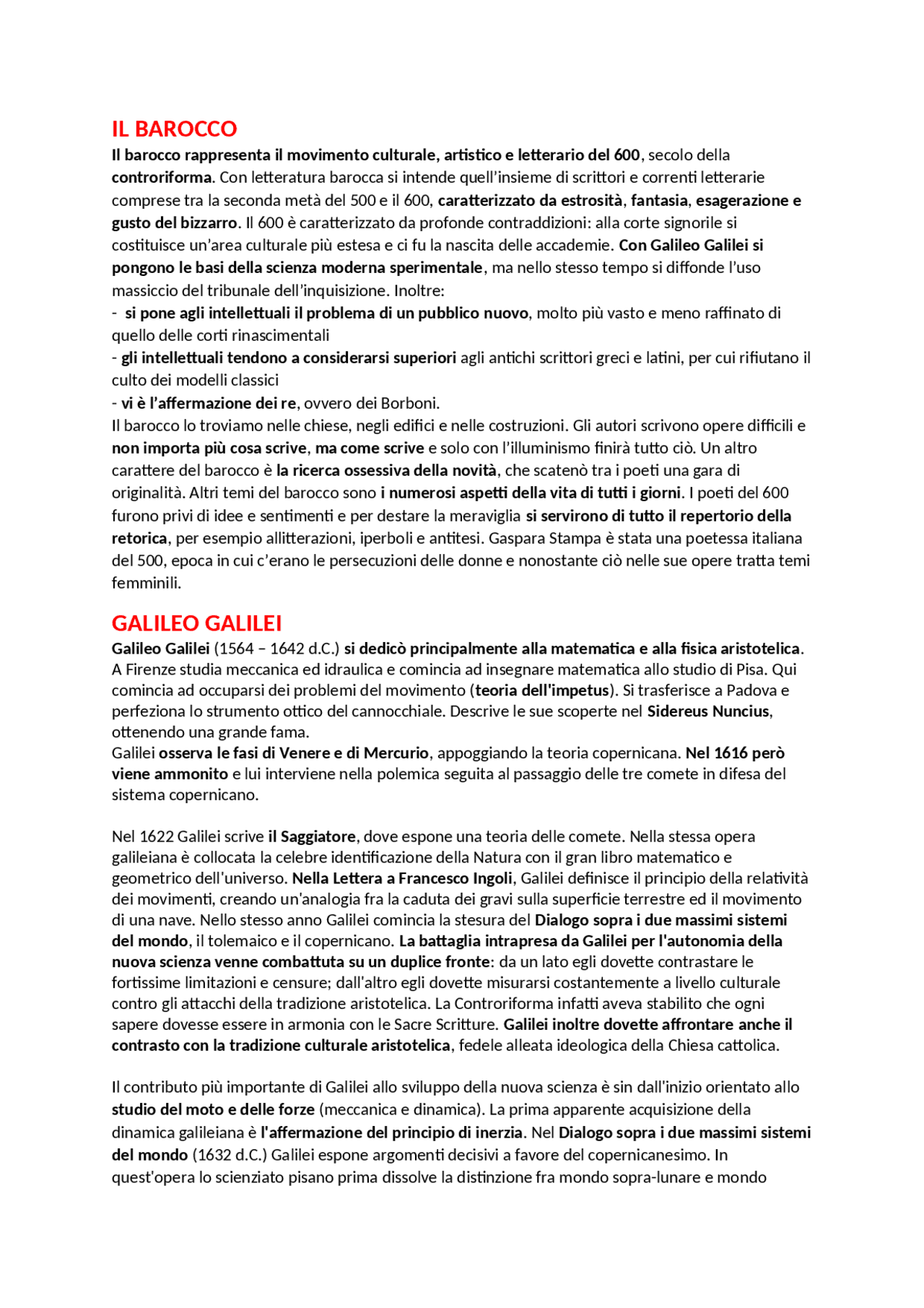 Appunti sul Barocco, Galileo Galilei, Marino, l'Illuminismo e Goldoni e la Locandiera | Appunti ...