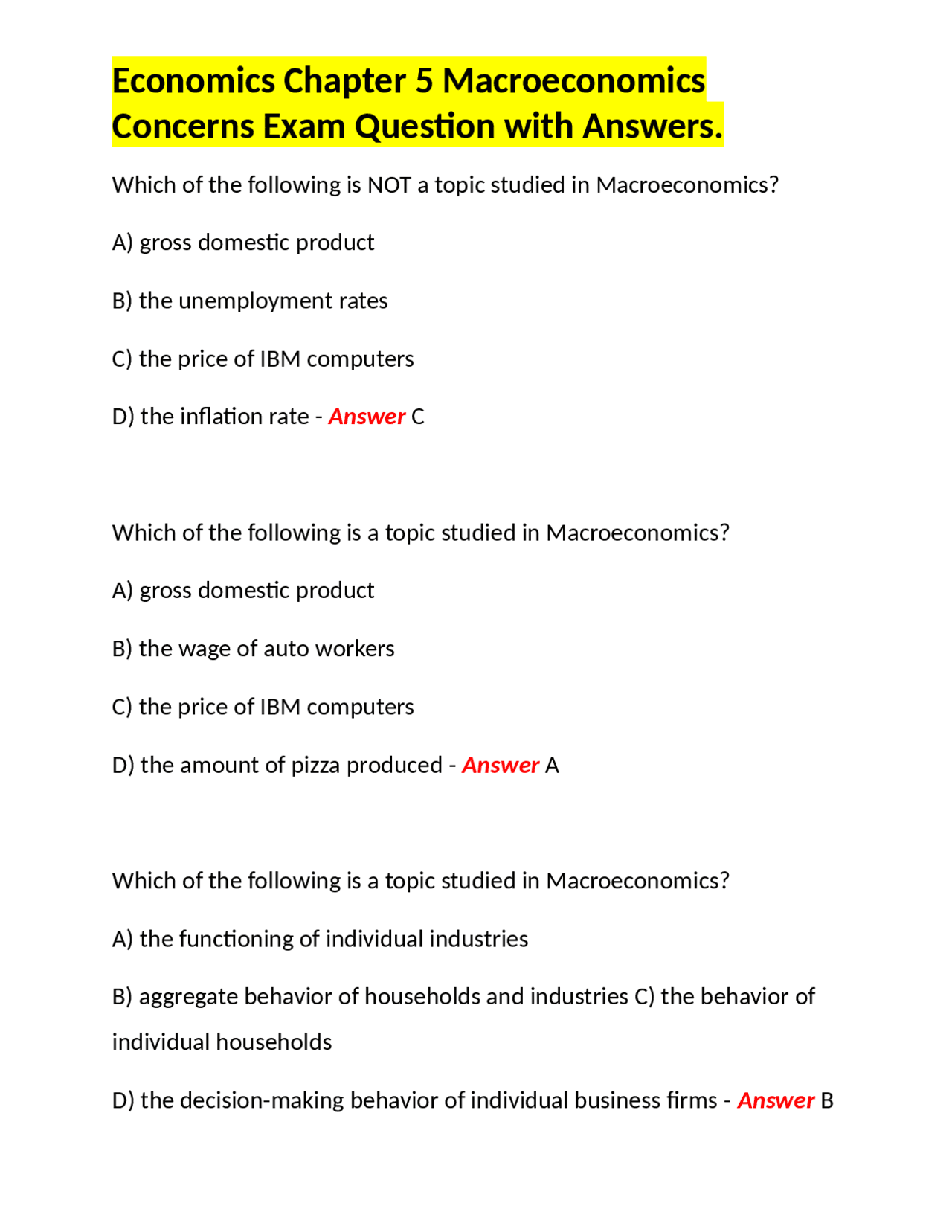 Economics Chapter 5 Macroeconomics Concerns Exam Question with Answers. | Exams Nursing | Docsity