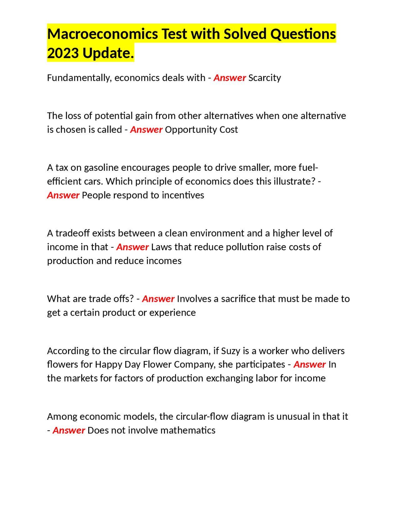 Macroeconomics Test With Solved Questions 2023 Update Exams Nursing