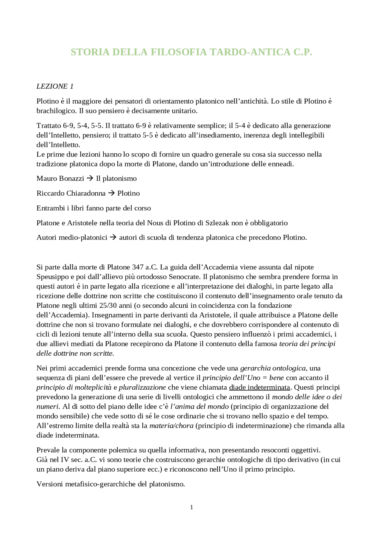 Storia della filosofia tardo-antica c.p., Plotino e l'Uno | Sbobinature di Storia Della ...