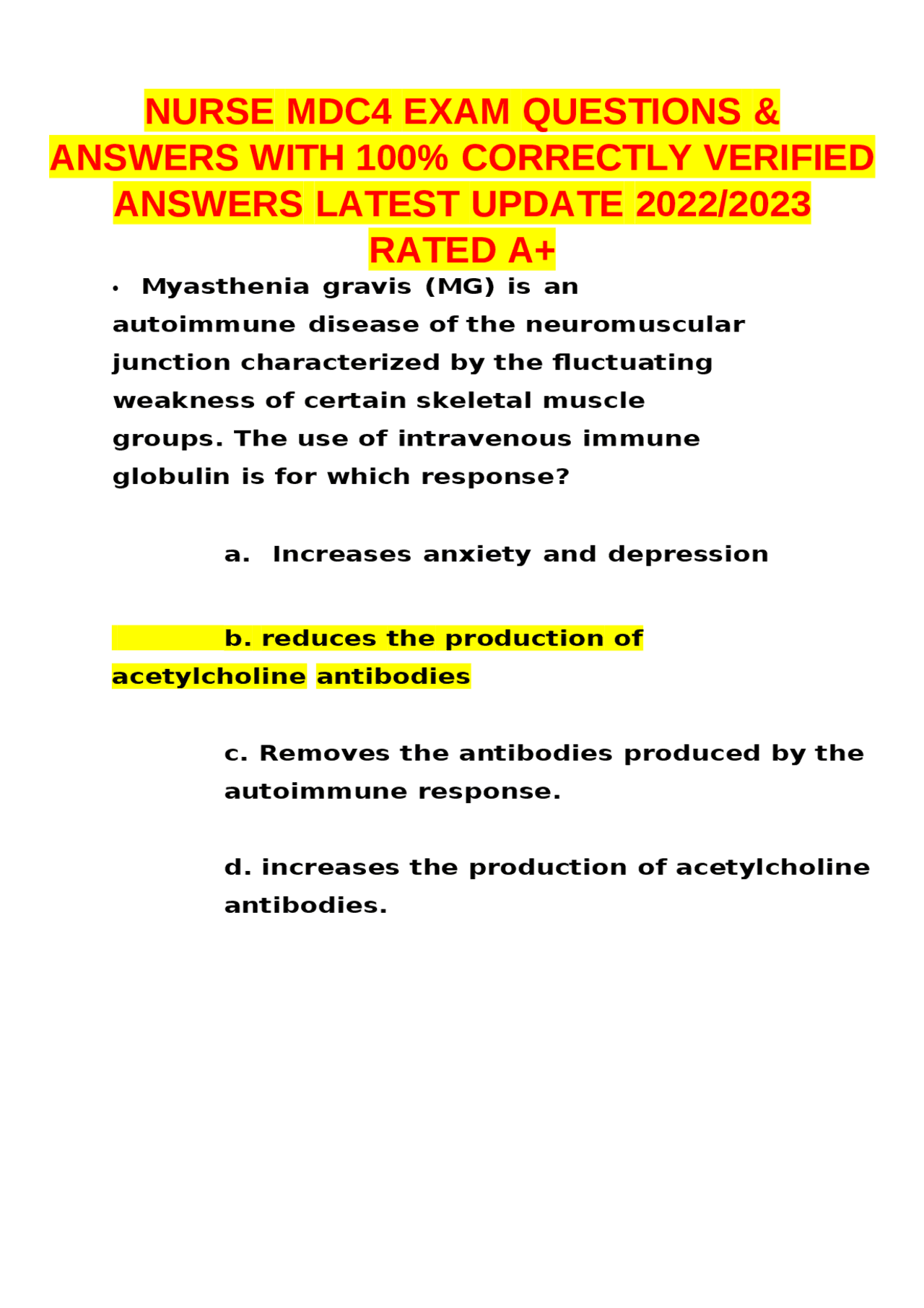 Nurse MDC4 Exam Questions and Answers | Exams Nursing | Docsity