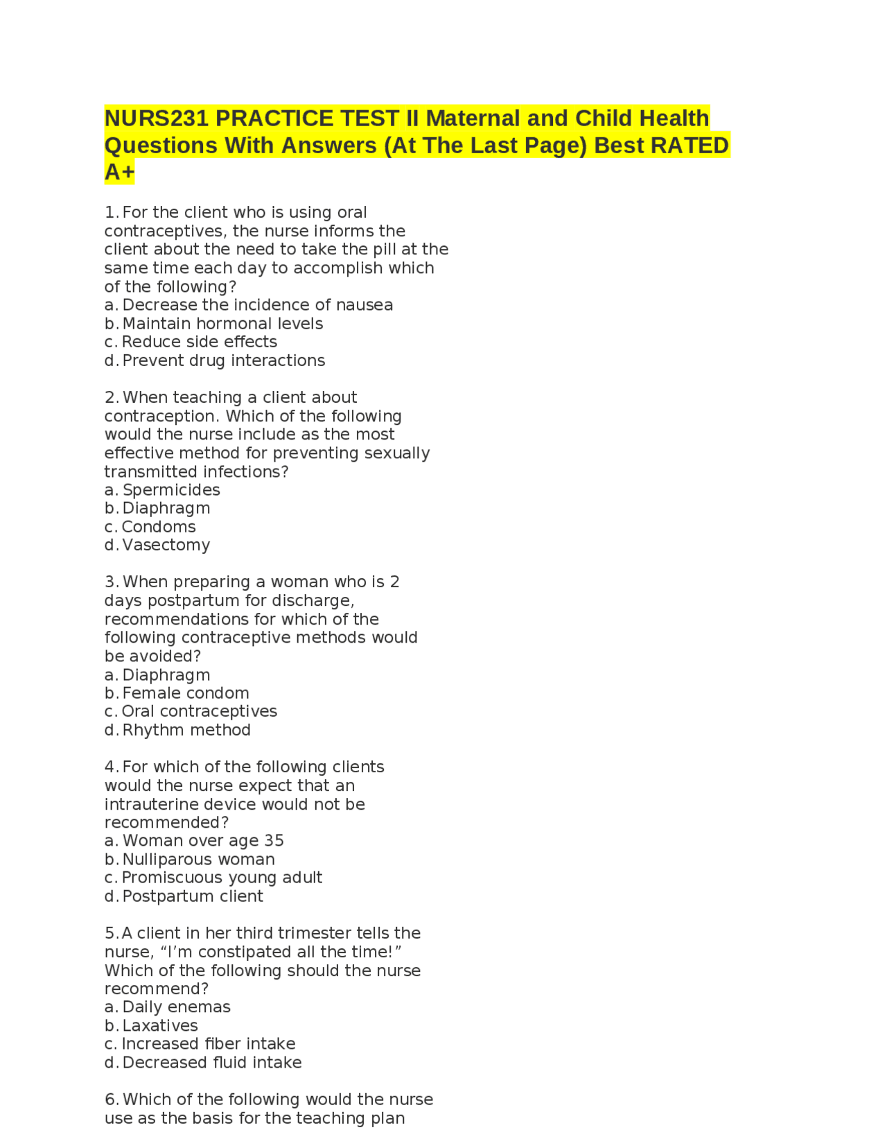 NURS231 PRACTICE TEST II Maternal and Child Health Questions With ...