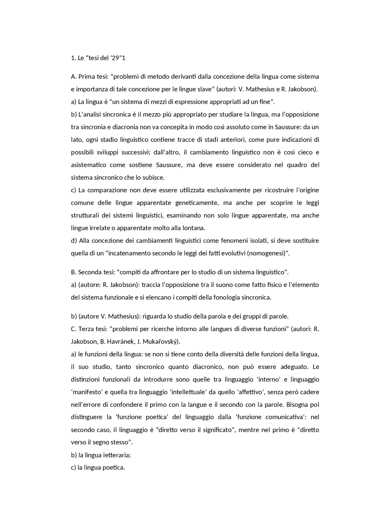 tesi del 29 di Roman Jakobson. | Dispense di Linguistica Generale | Docsity