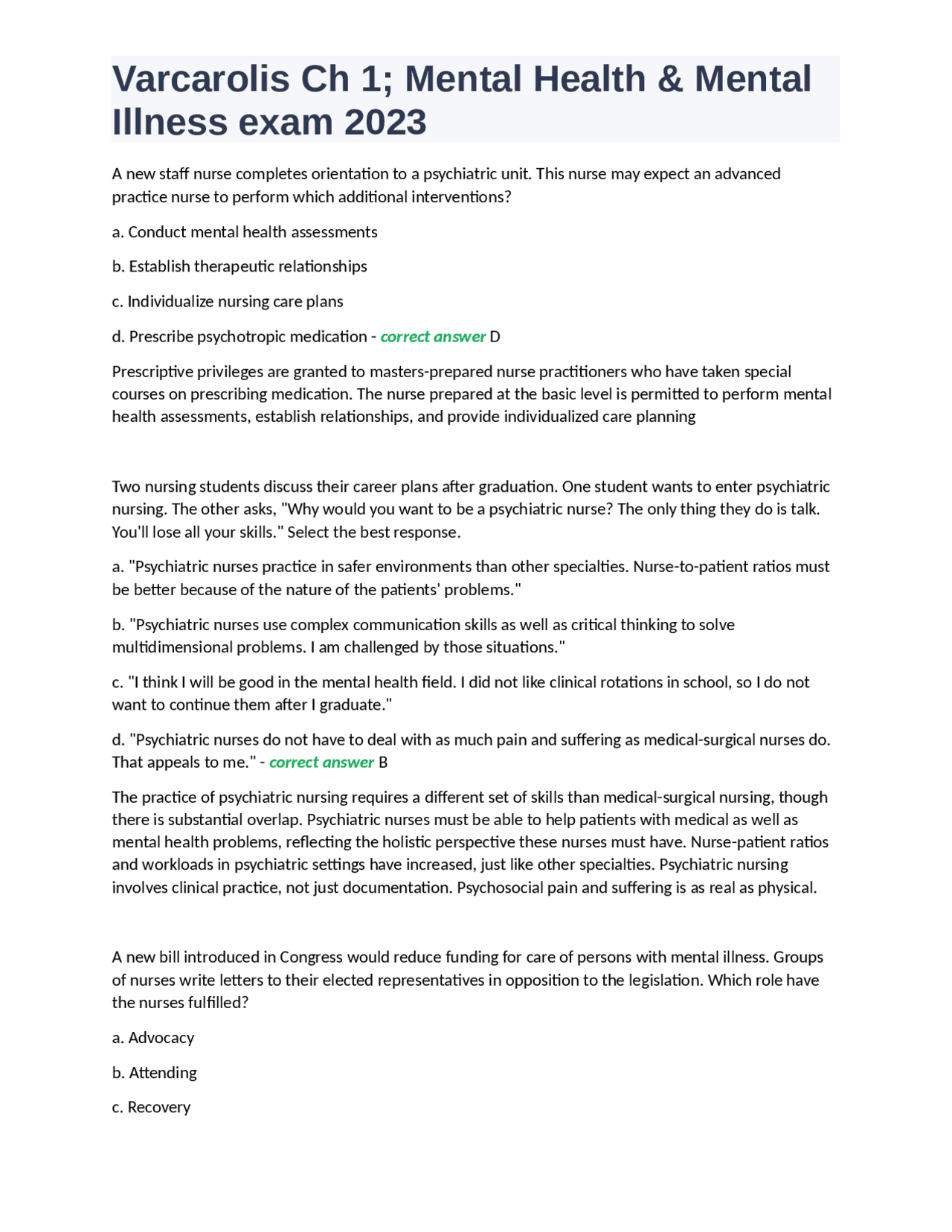 Mental Health and Mental Illness Exam 2023 | Exams Nursing | Docsity