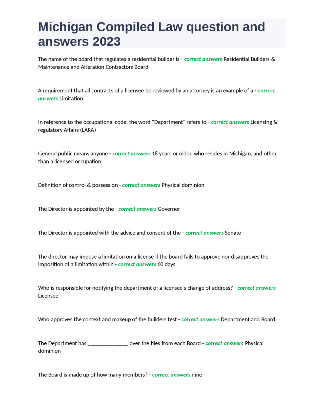 Michigan Compiled Law question and answers 2023 | Exams Nursing | Docsity