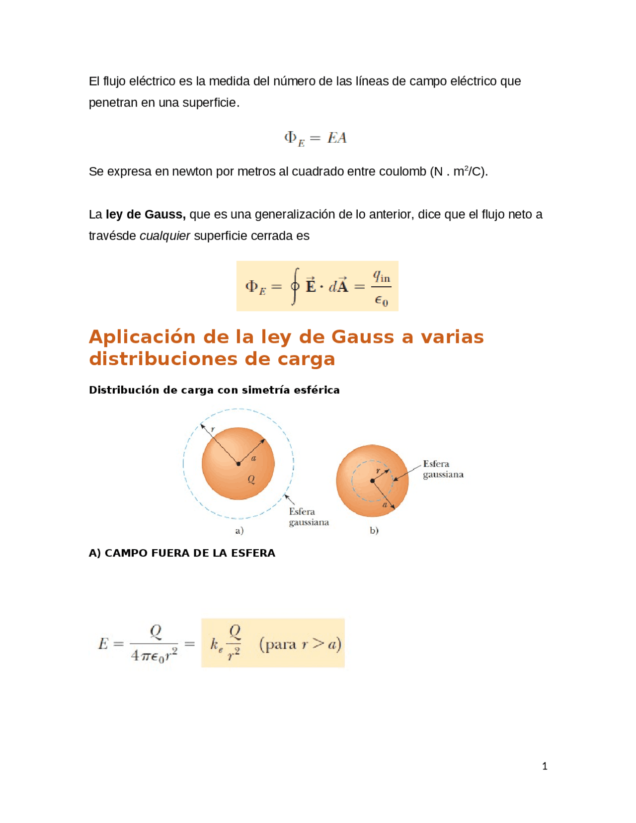 Aplicación de la ley de Gauss a distribuciones de carga | Resúmenes de Física Matemática | Docsity
