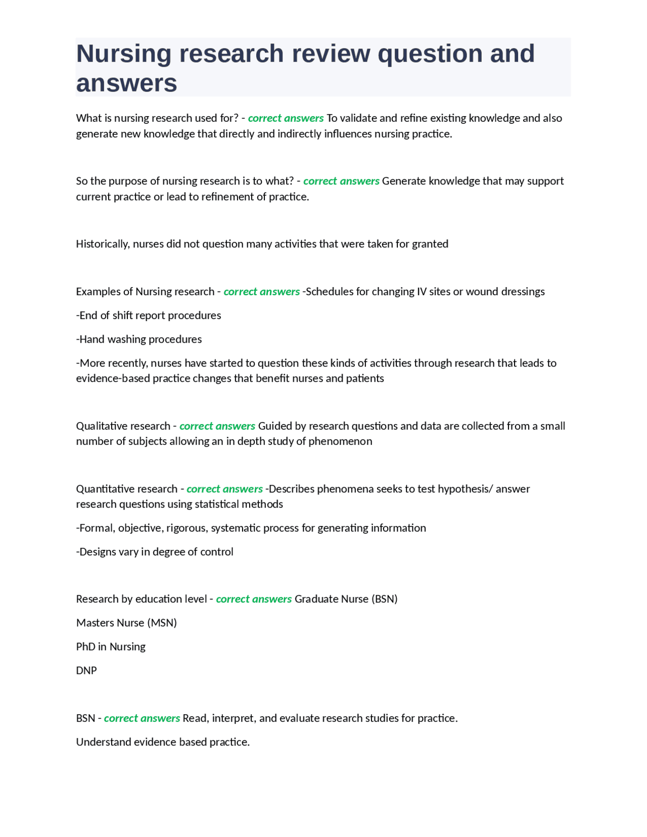 Nursing research review question and answers | Exams Nursing | Docsity