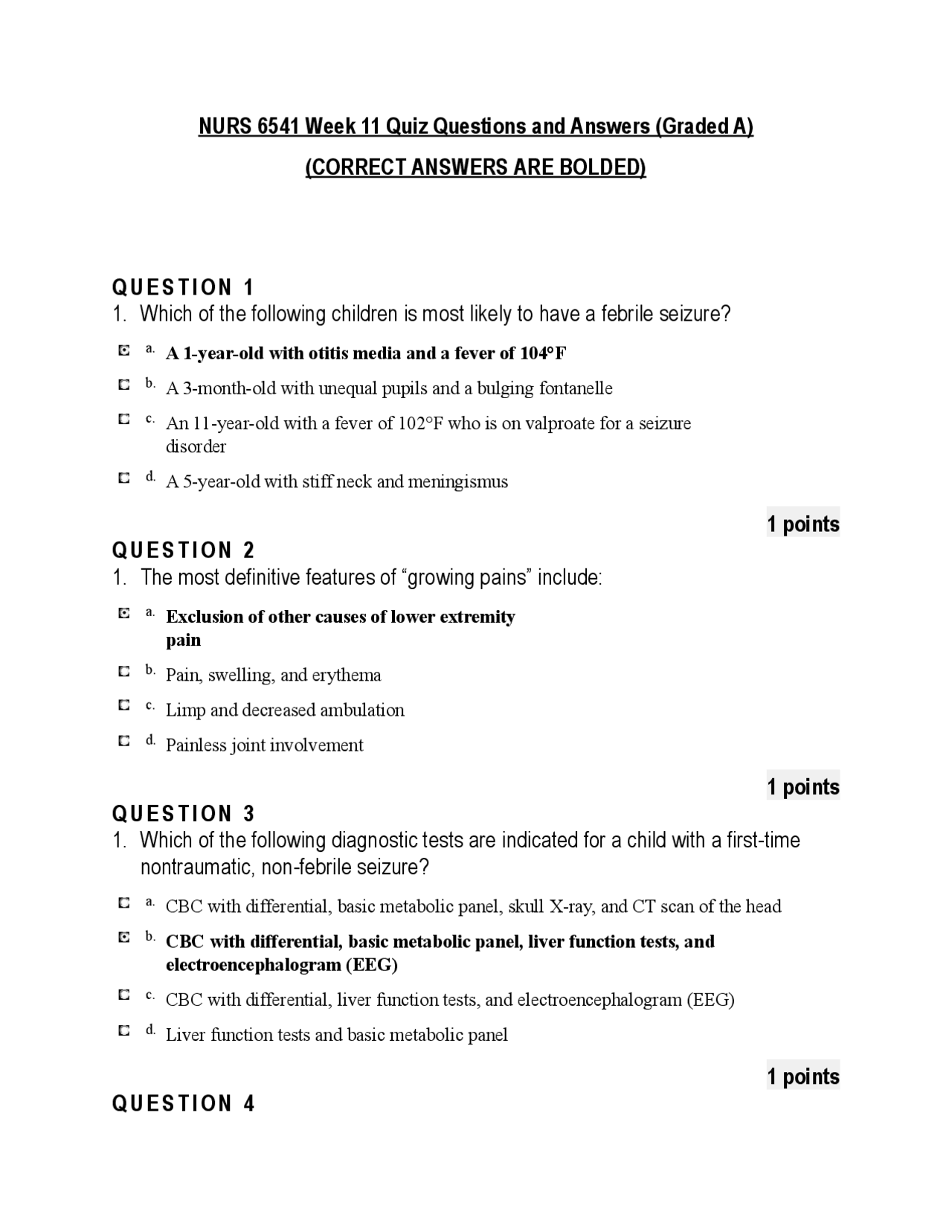 Pediatric Neurology Quiz Questions and Answers | Exams Nursing | Docsity