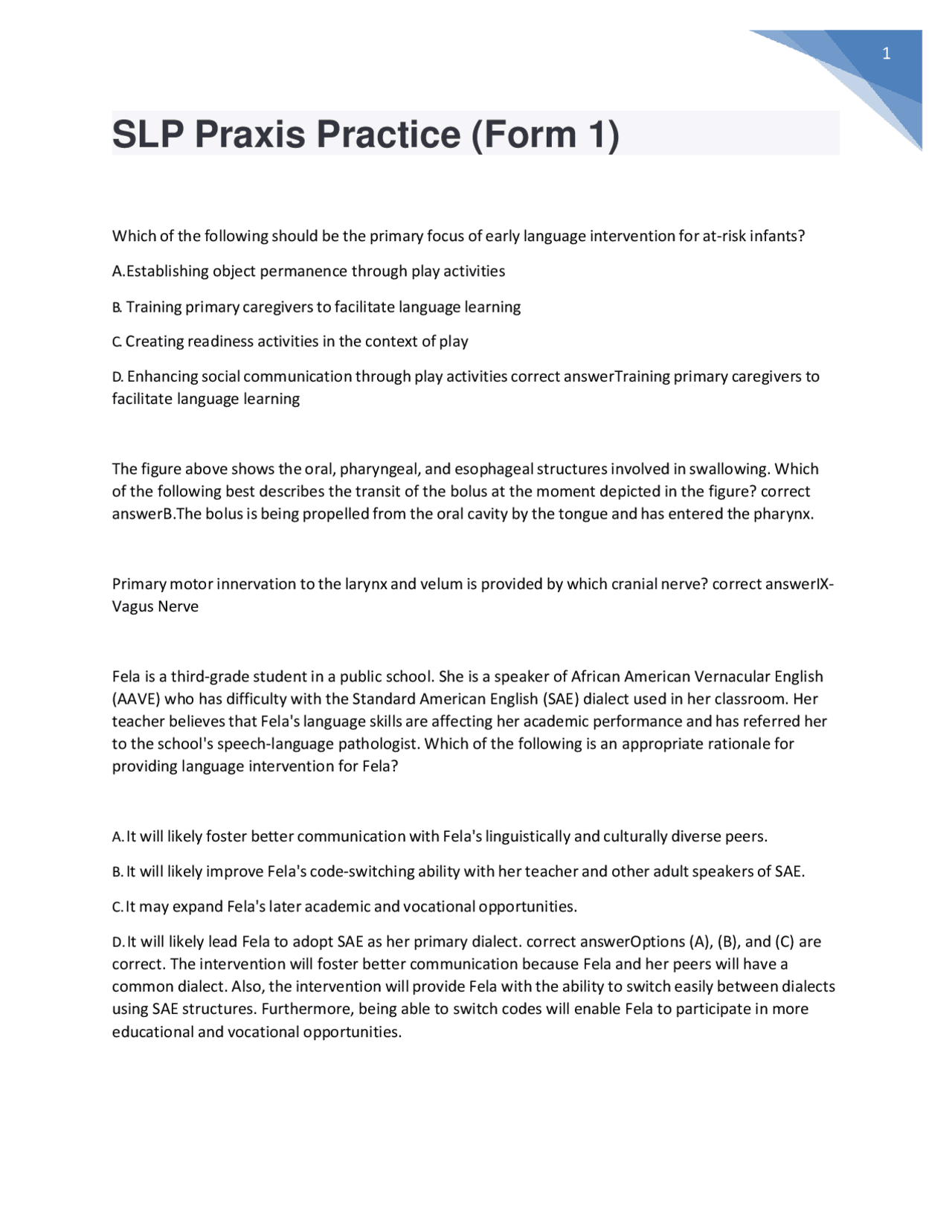 SLP Praxis Practice (Form 1) questions with 100% correct answers ...
