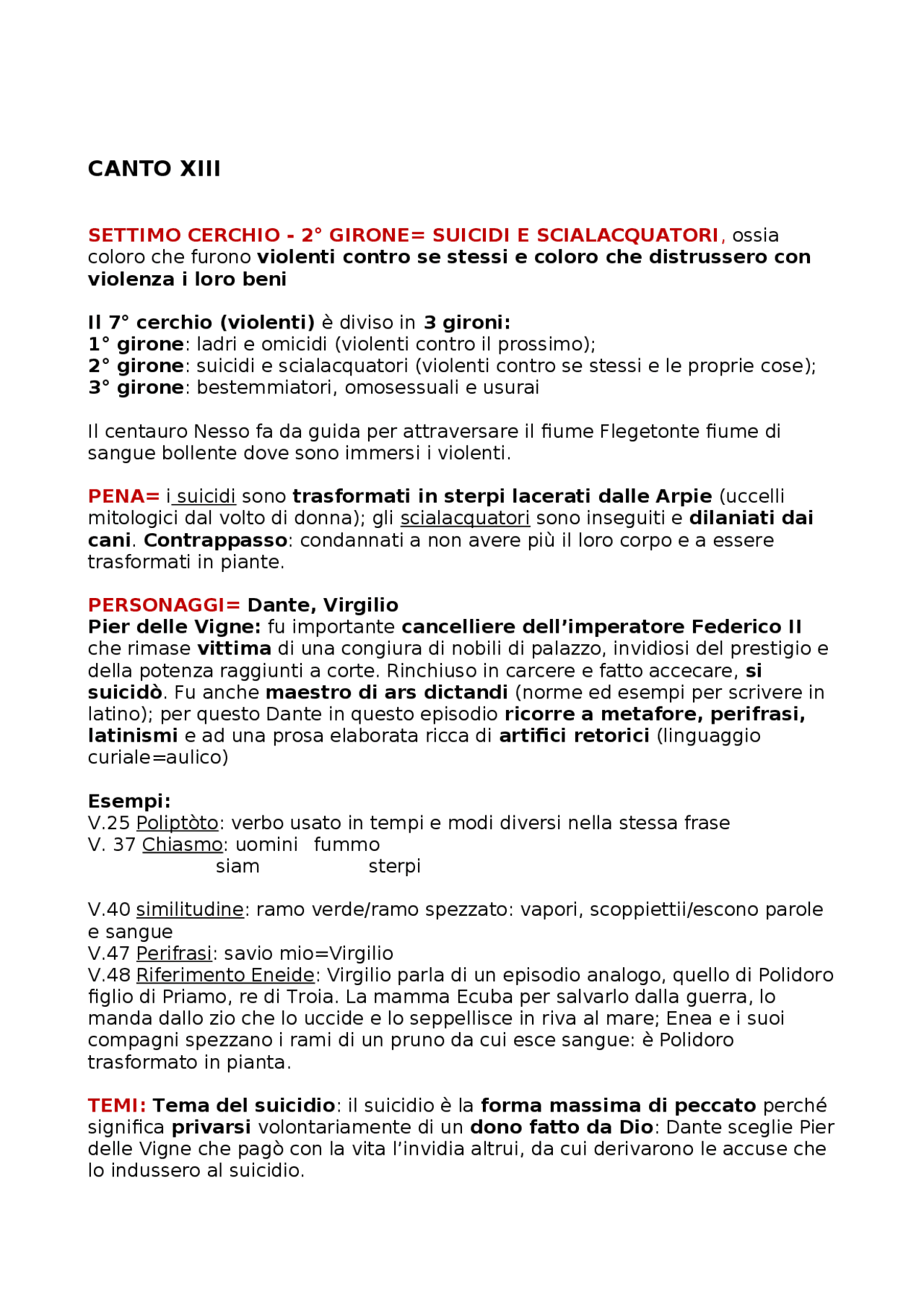 Divina Commedia Inferno Canto XIII settimo cerchio | Schemi e mappe ...