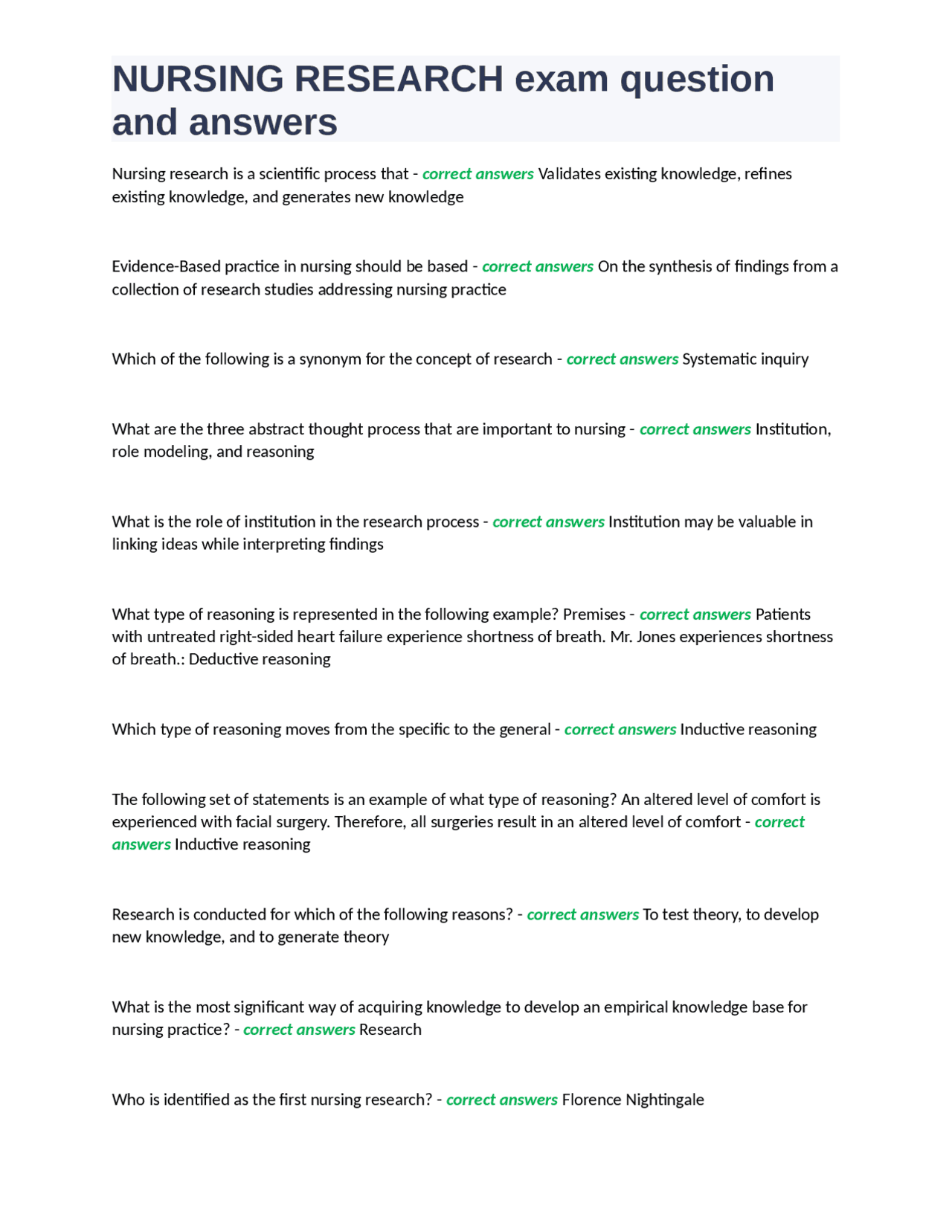 NURSING RESEARCH exam question and answers | Exams Nursing | Docsity