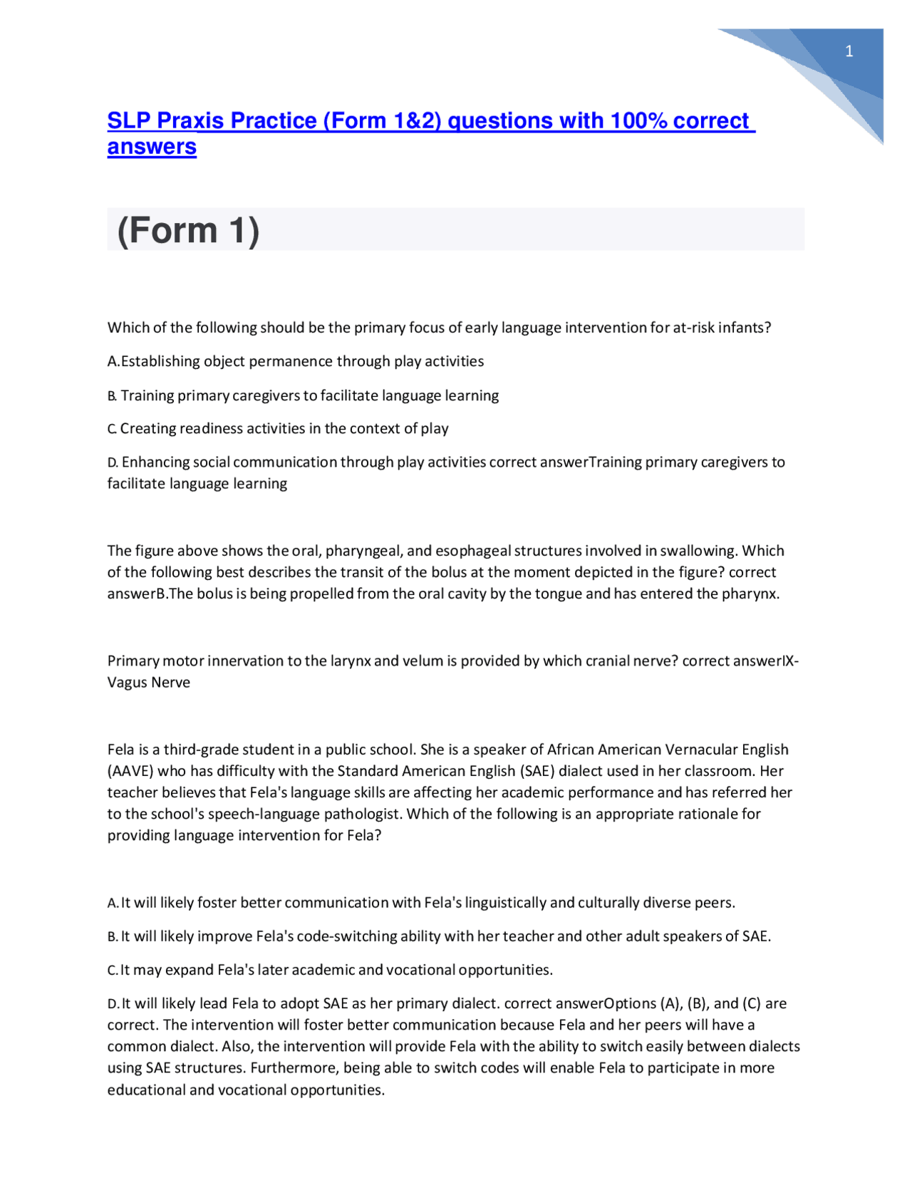 SLP Praxis Practice (Form 1&2) questions with 100% correct answers ...