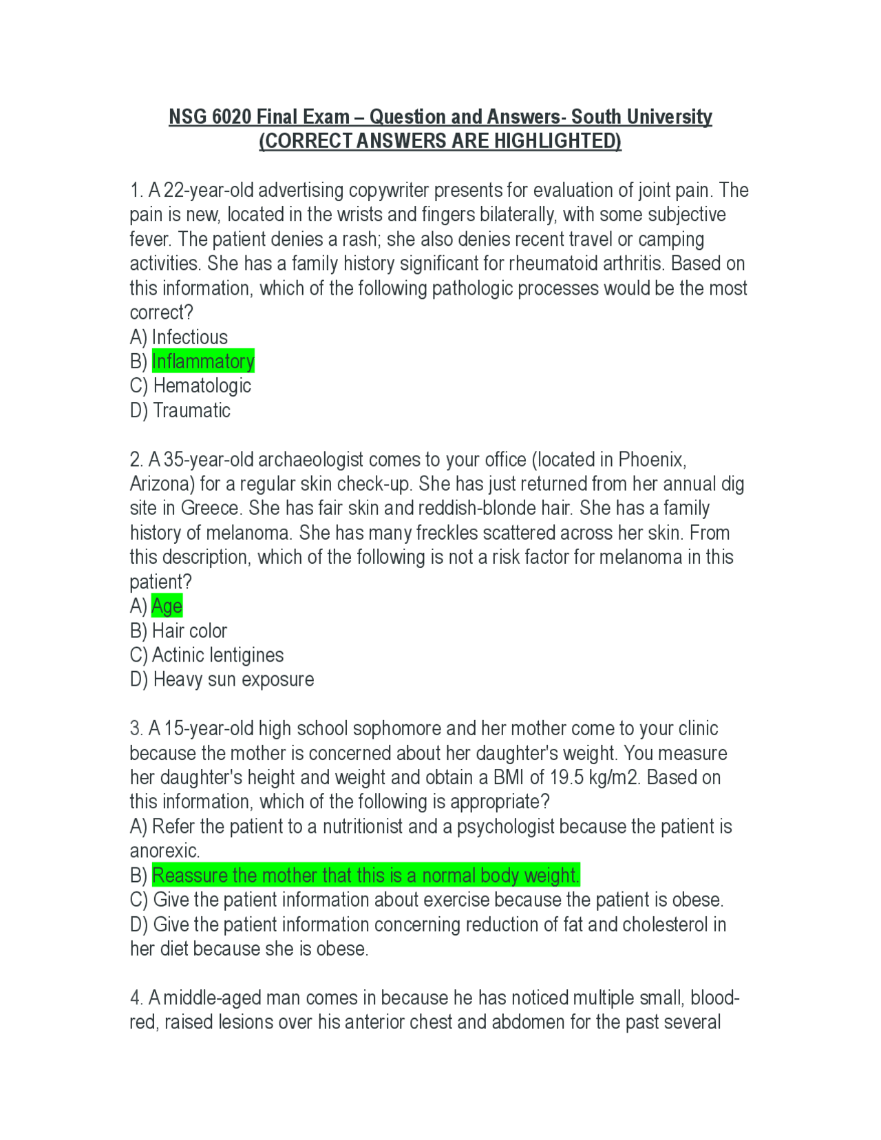 Nsg 6020 Final Exam Question And Answers South University Correct