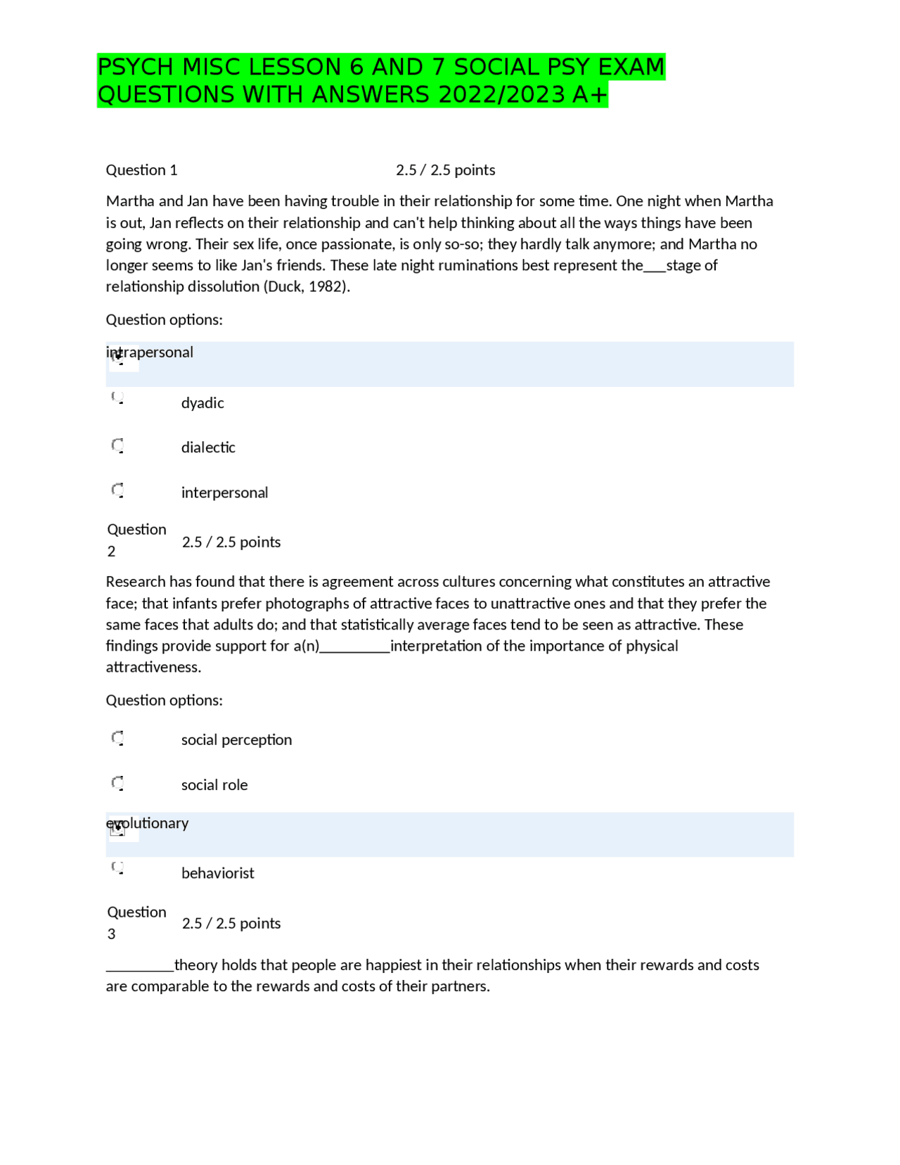 Psych Misc Lesson 6 And 7 Social Psy Exam Questions With Answers 2022