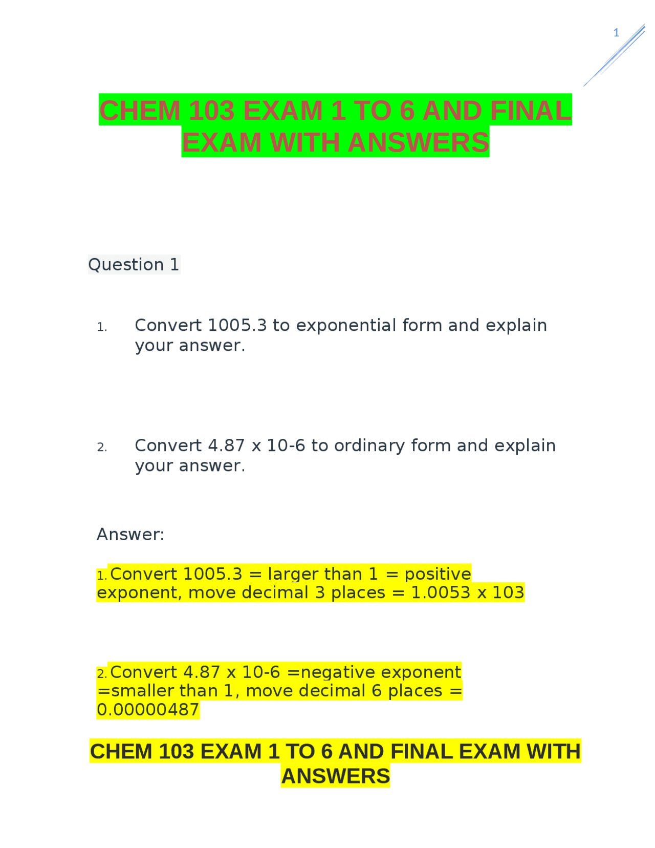 CHEM 103 EXAM 1 TO 6 AND FINAL EXAM WITH ANSWERS | Exams Chemistry | Docsity