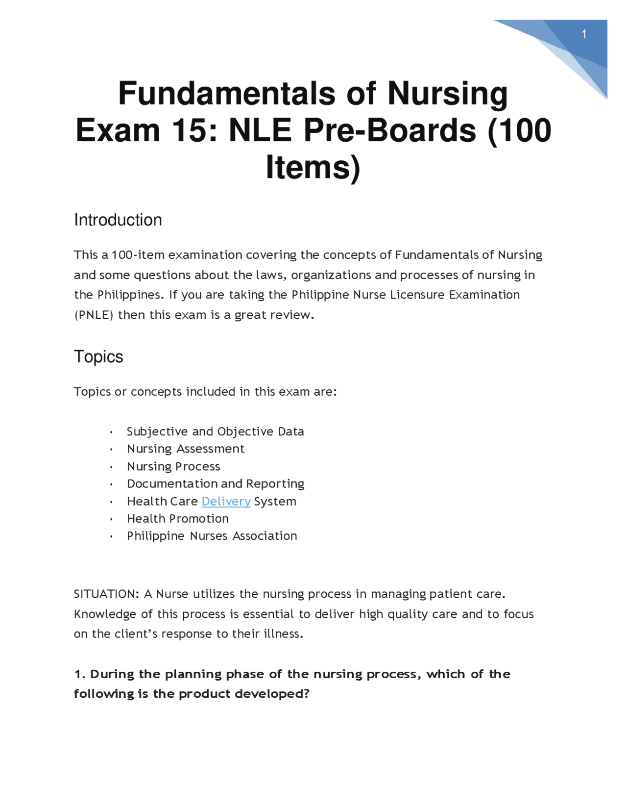 Fundamentals of Nursing Exam 15: NLE Pre-Boards (100 Items) | Exams ...