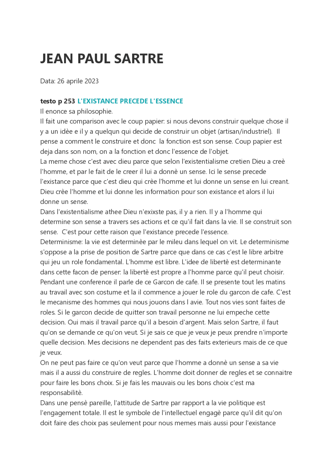Sarte Analyse Du Texte Appunti Di Francese Docsity
