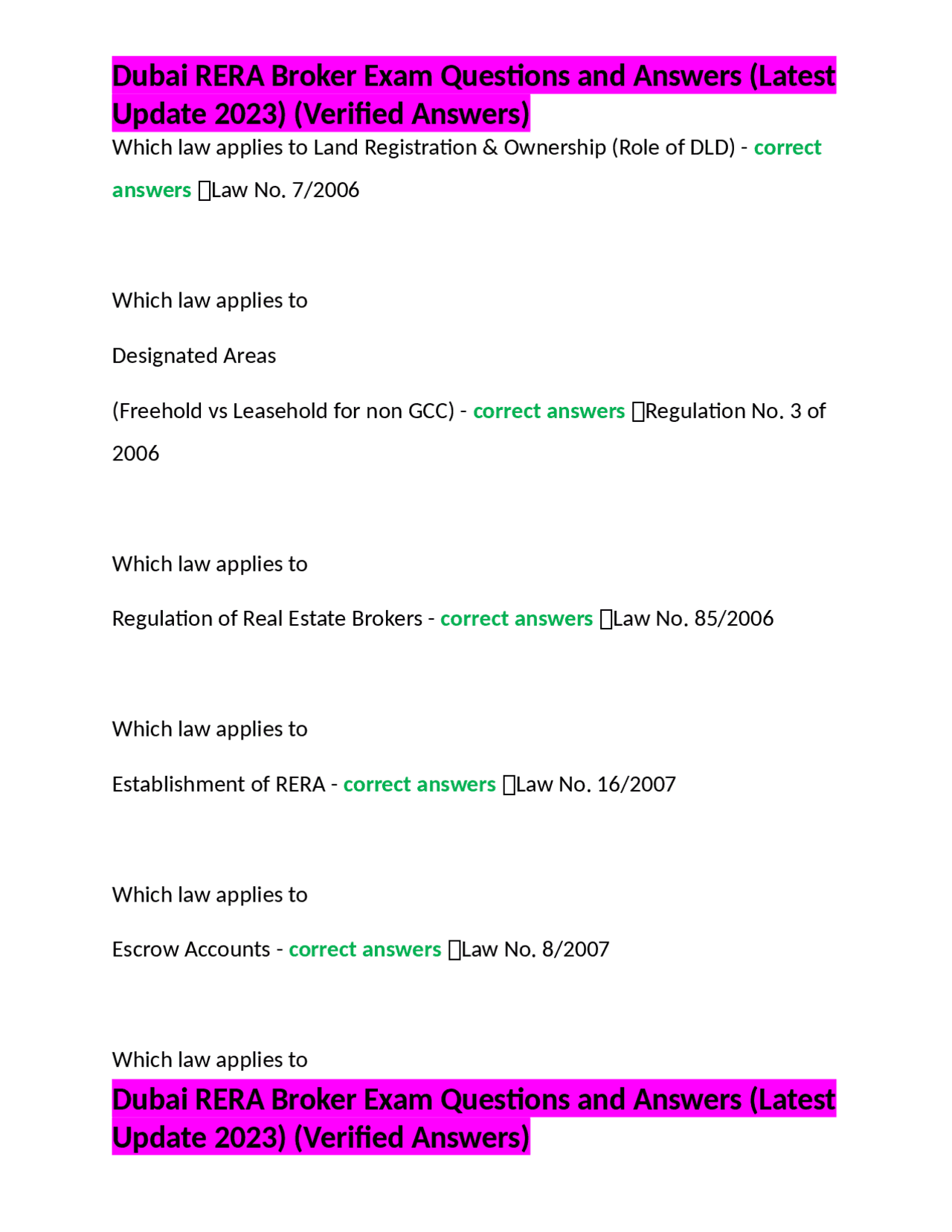 Dubai RERA Broker Exam Questions and Answers (Latest Update 2023 ...
