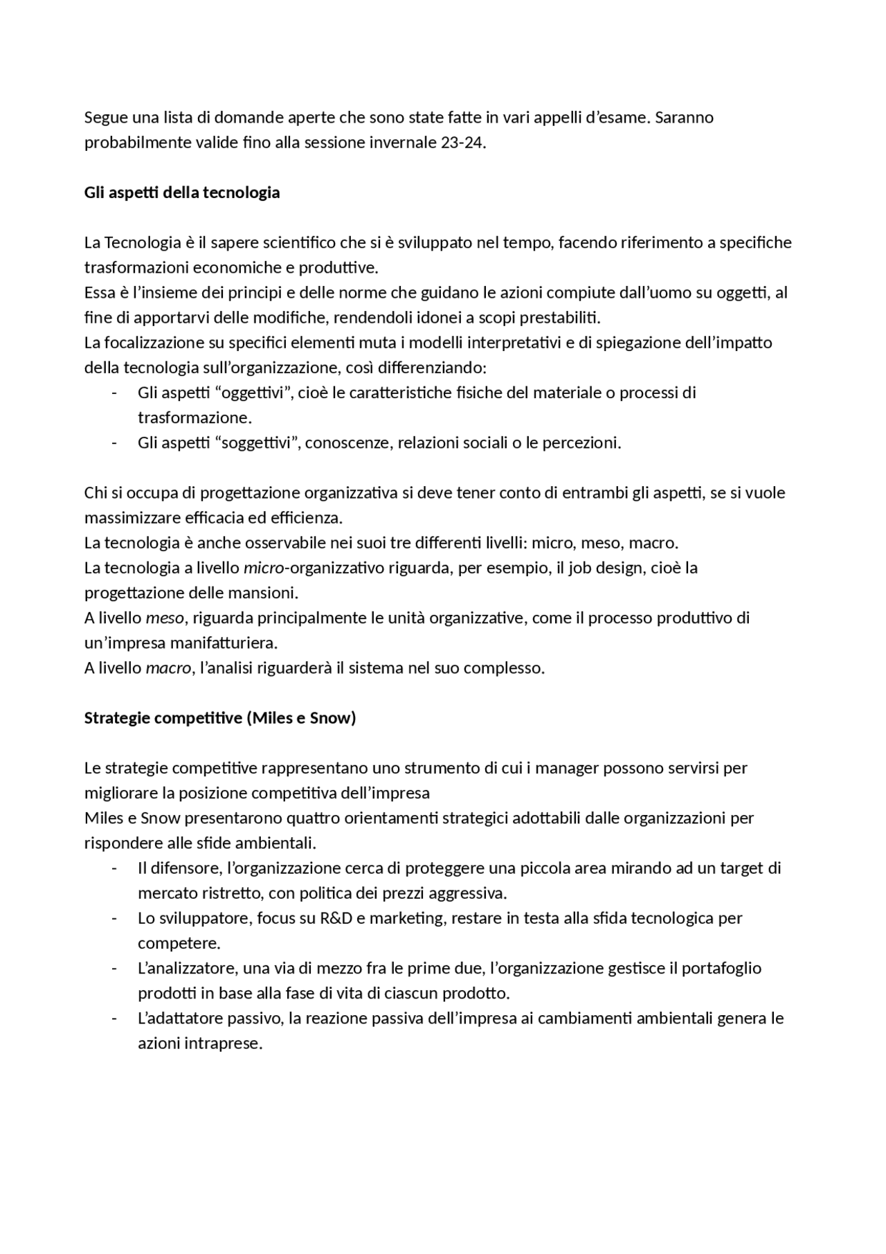 Domande Aperte Esame Organizzazione Aziendale Prove Desame Di