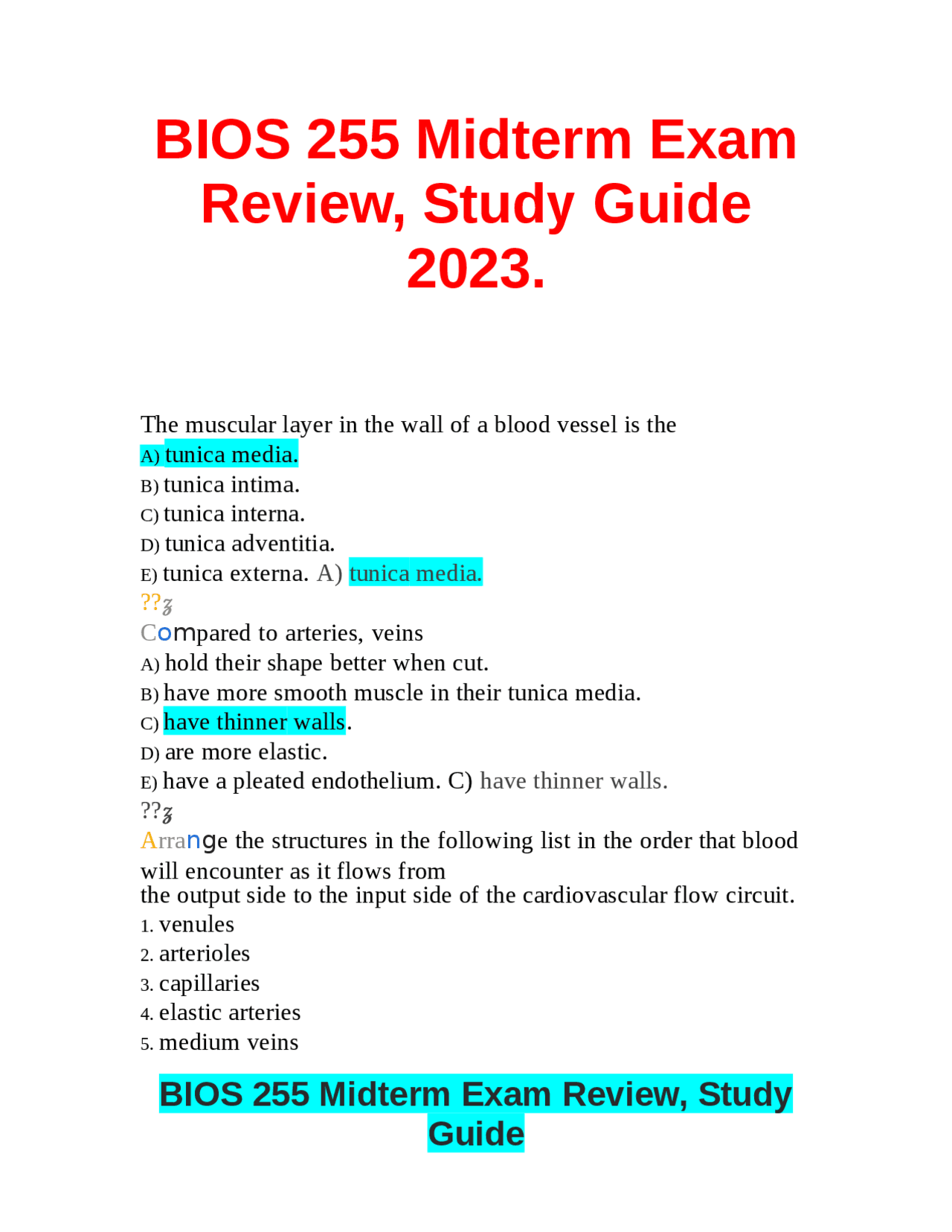 BIOS 255 Midterm Exam Review, Study Guide 2023. | Exams Nursing | Docsity