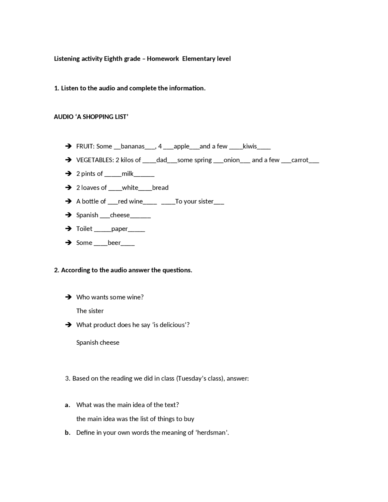 Eighth Grade Listening Activity and Comprehension Questions ...