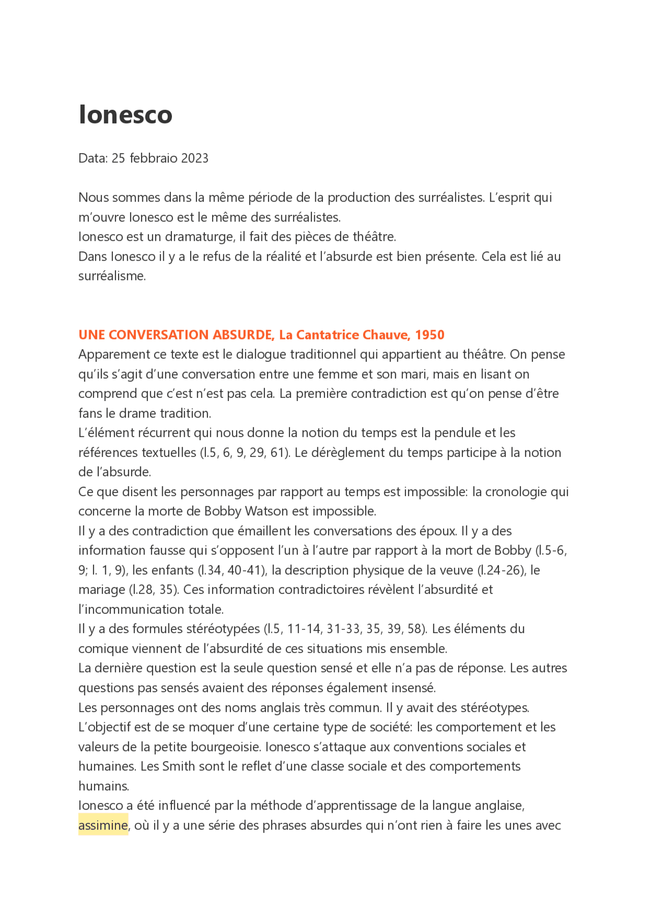 Ionesco: analyse des textes | Appunti di Francese | Docsity