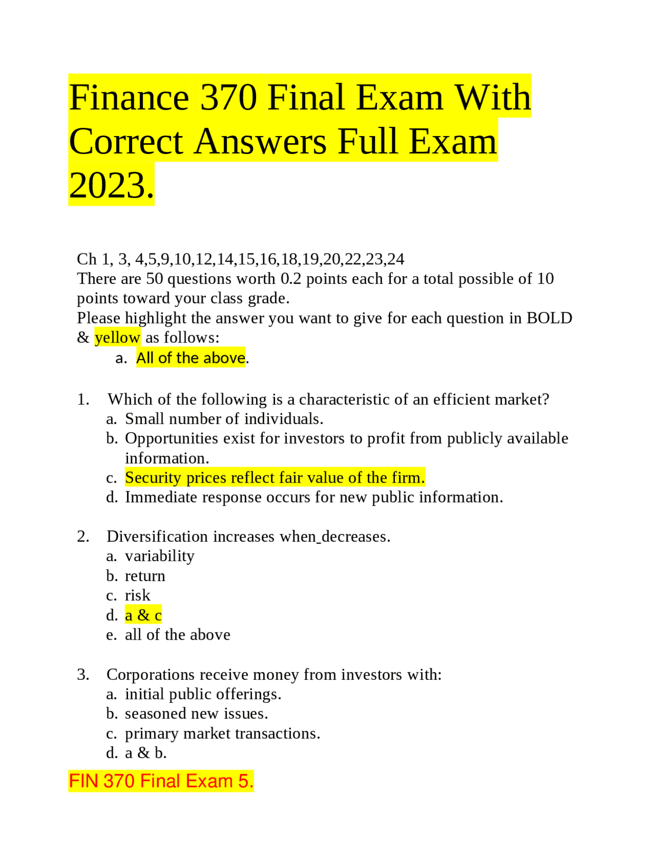 Finance 370 Final Exam With Correct Answers Full Exam 2023 Exams