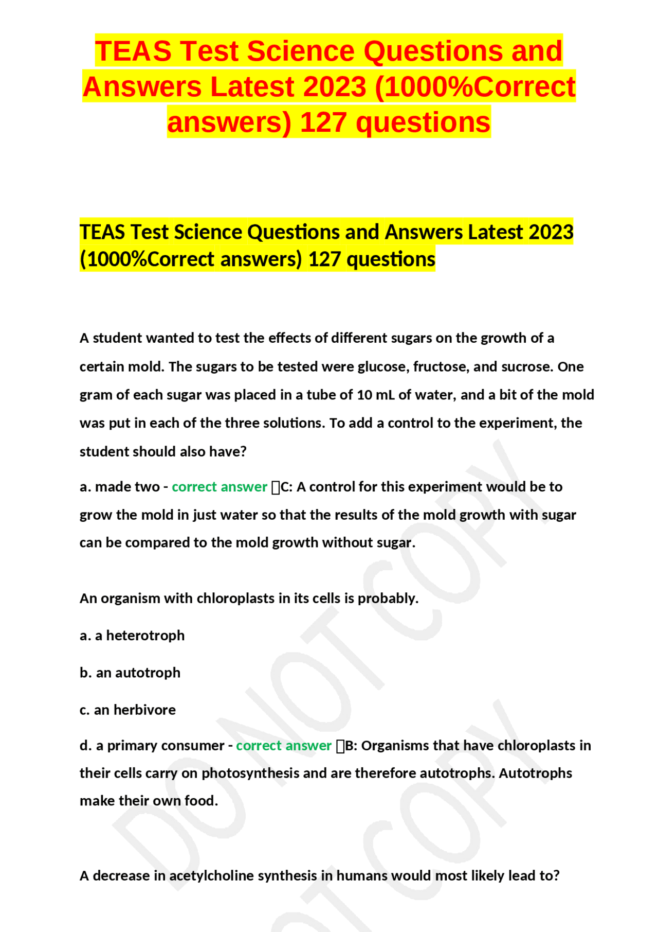 TEAS Test Science Questions and Answers Latest 2023 (1000%Correct ...