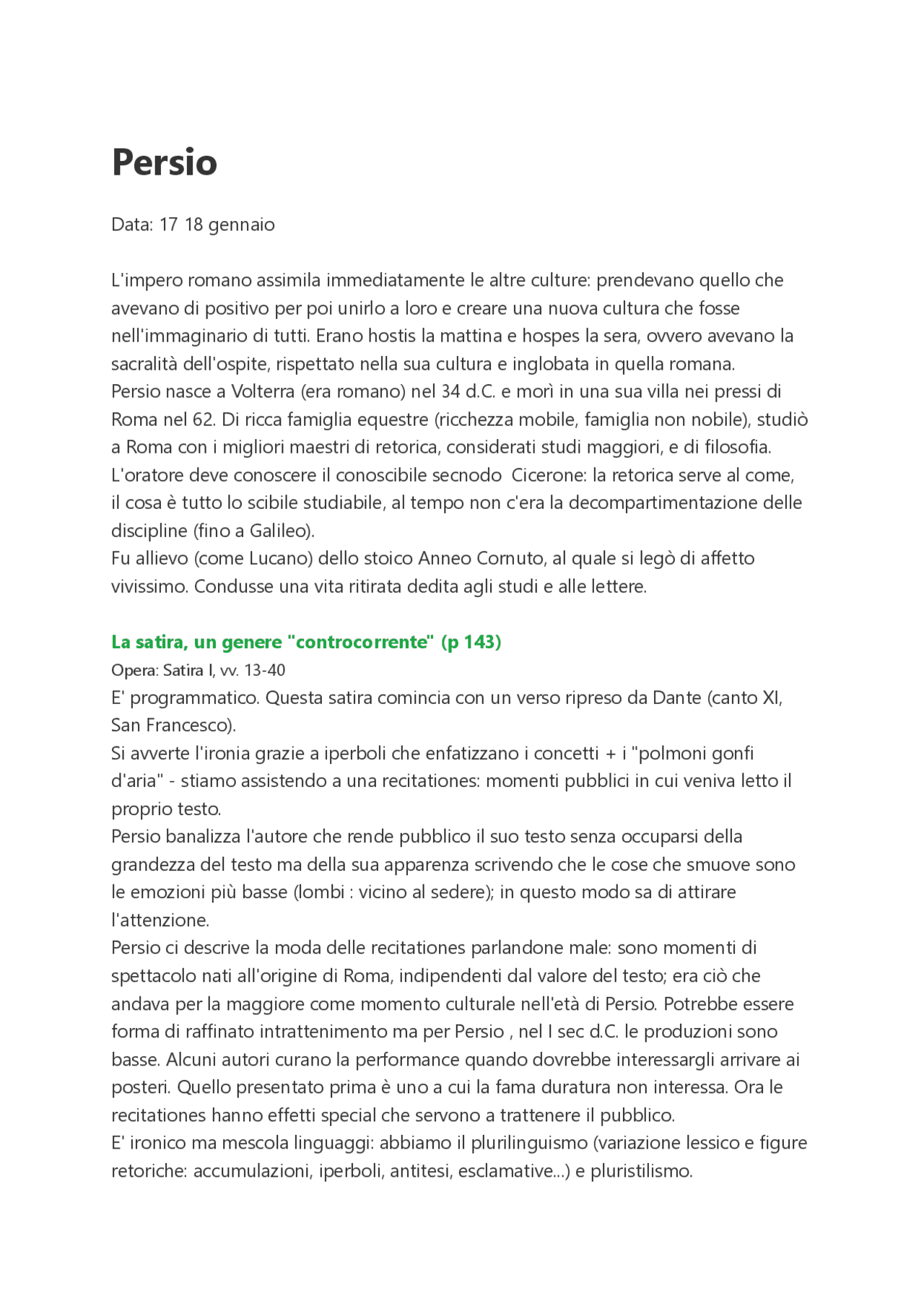 Persio: spiegazione, analisi e traduzione | Appunti di Latino | Docsity