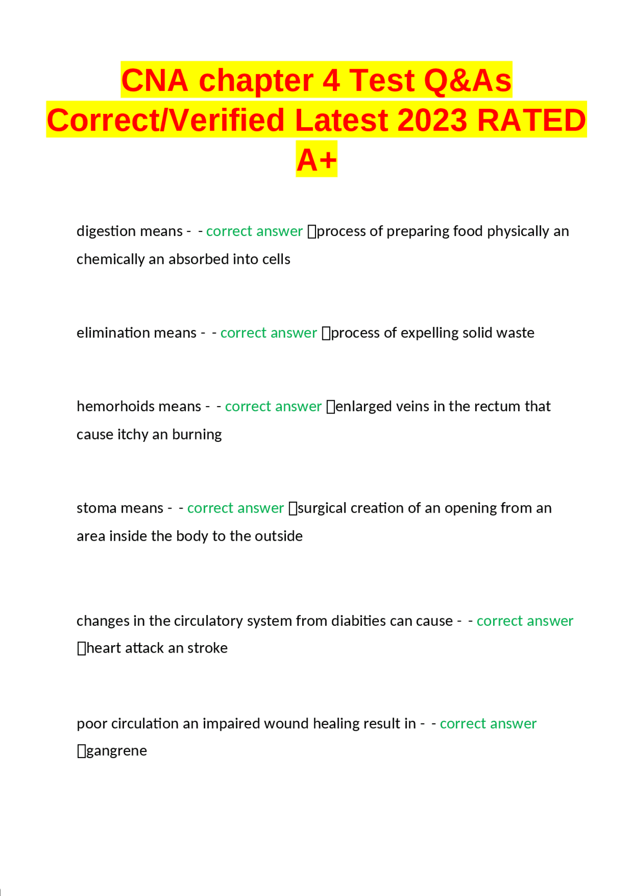 CNA chapter 4 Test Q&As Correct/Verified Latest 2023 RATED A+ | Exams ...