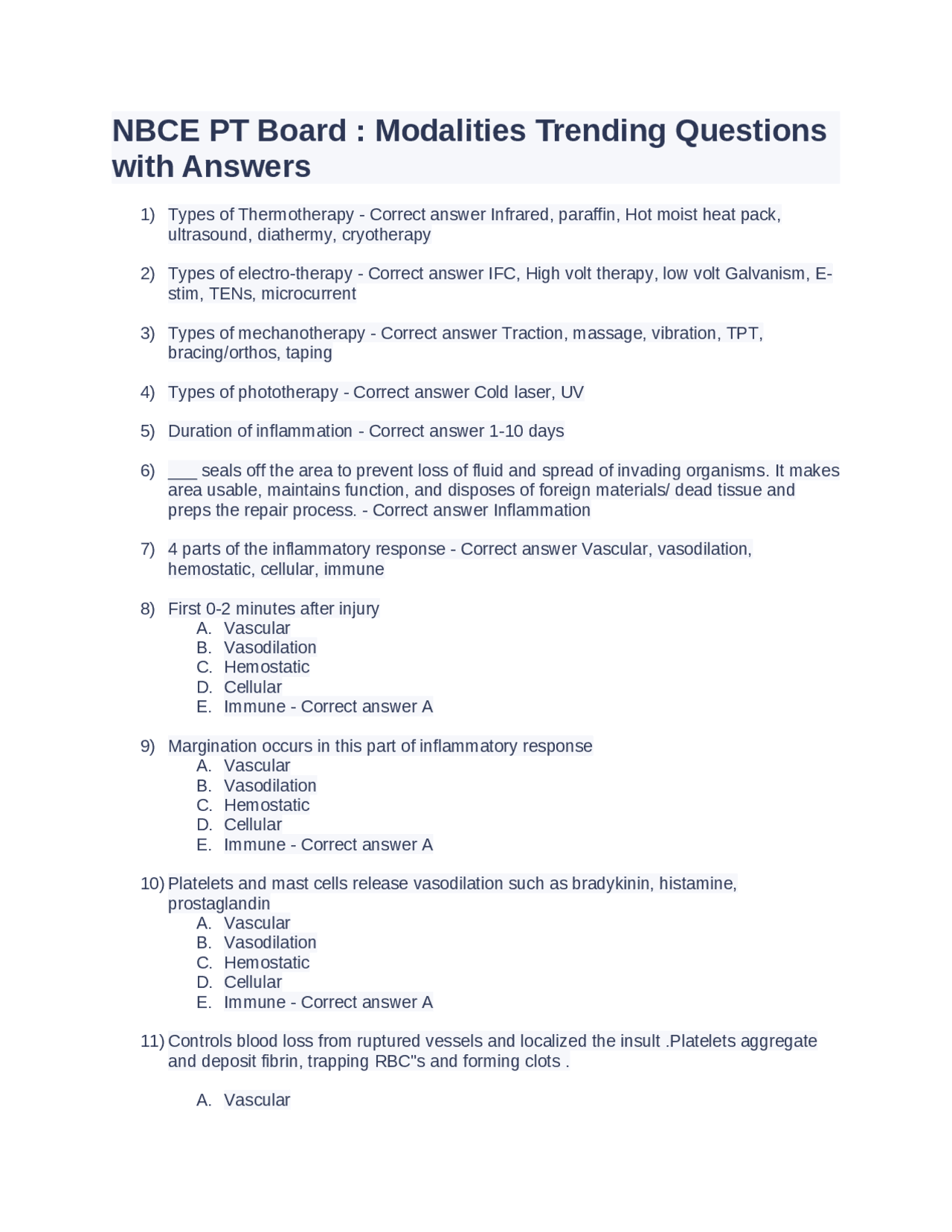 Modalities Trending Questions with Answers for NBCE PT Board Exam ...