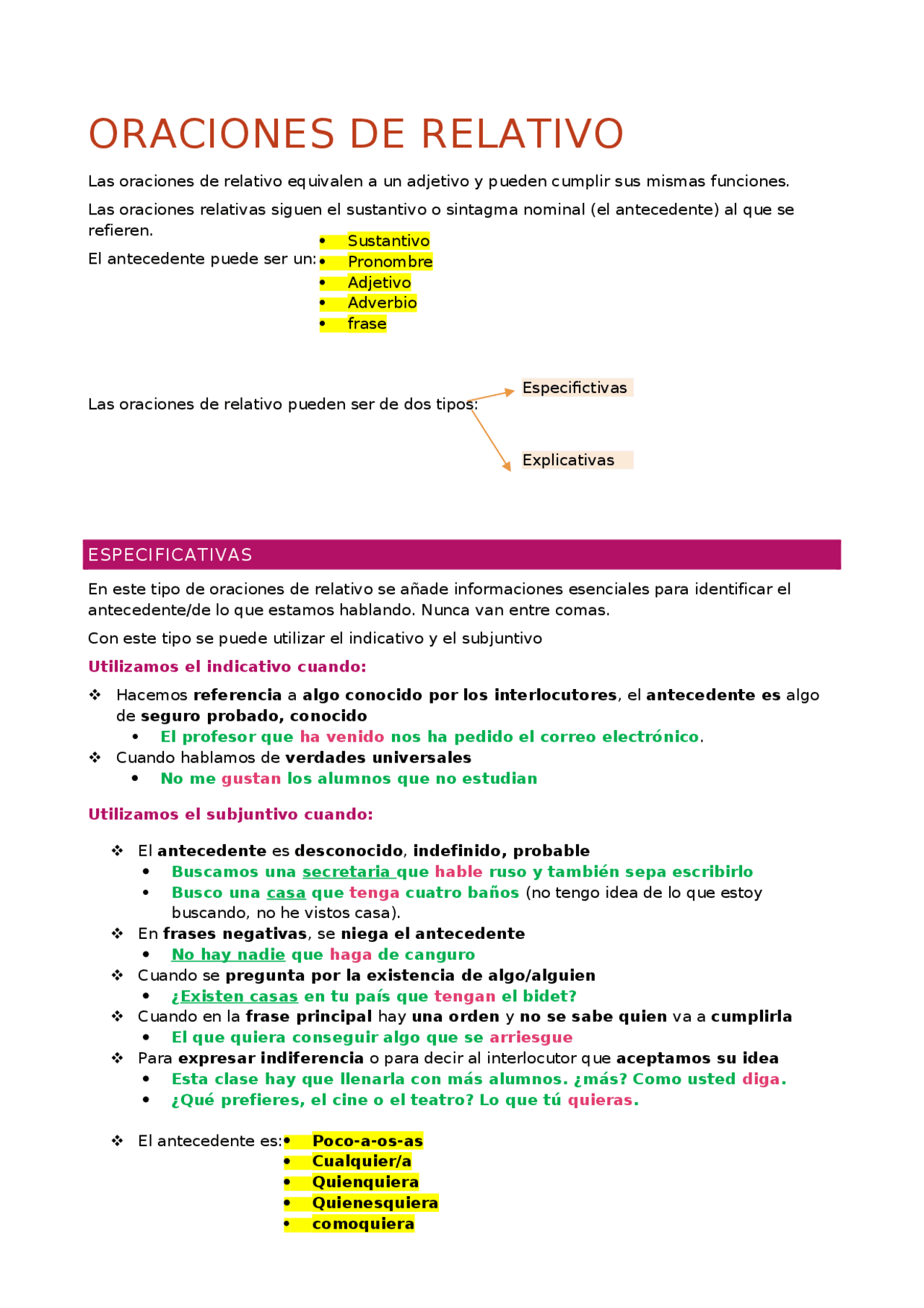 Frasi relative (grammatica SPA) | Appunti di Lingua Spagnola | Docsity